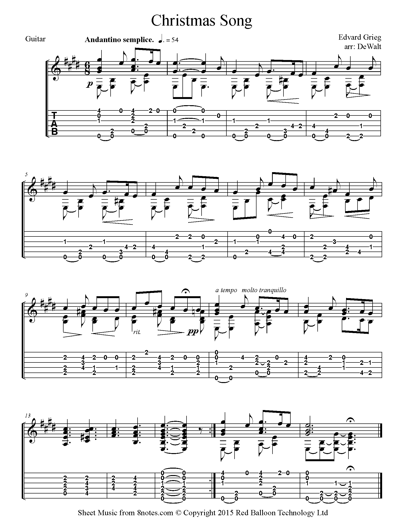 Grieg - Christmas Song Sheet music for Guitar - 8notes.com