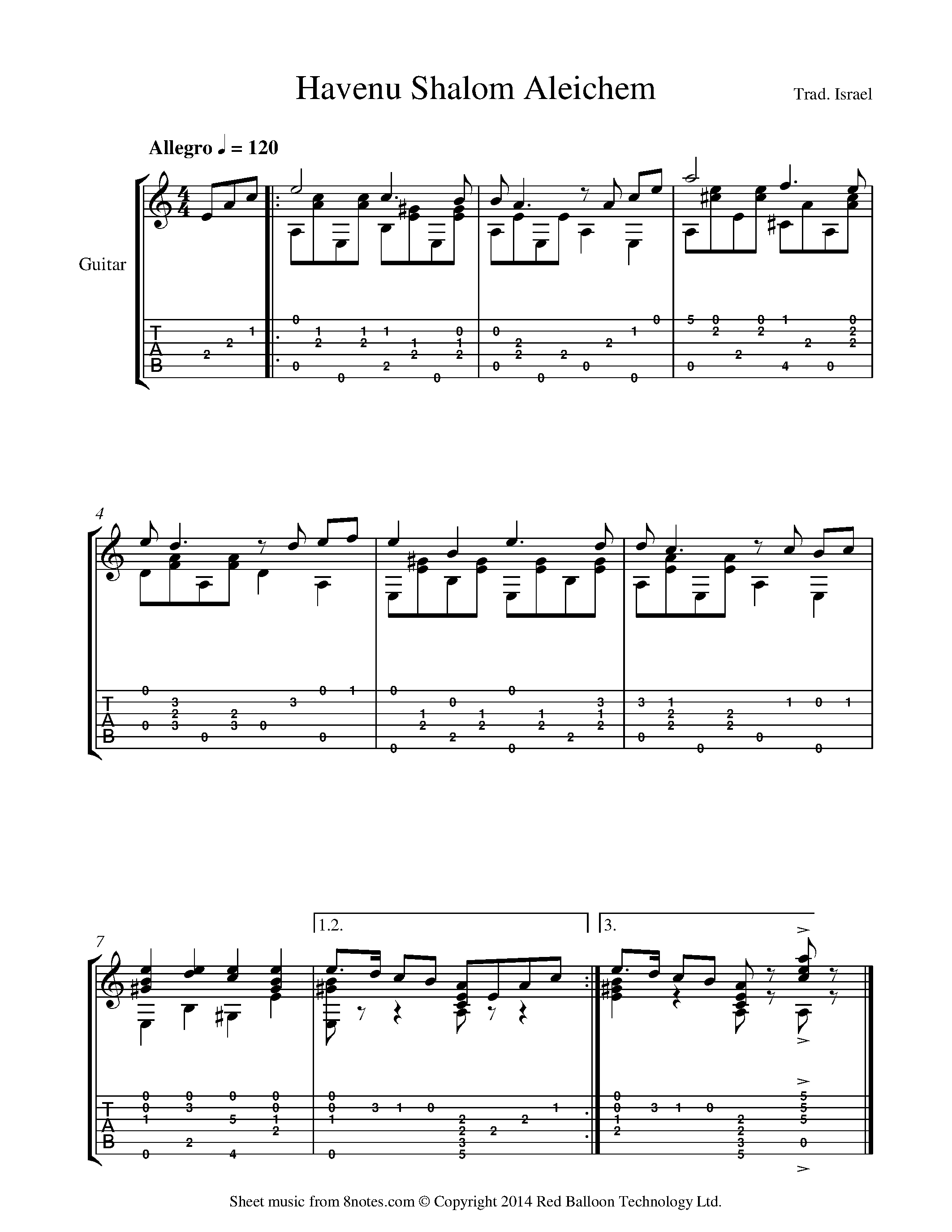 Hevenu Shalom Aleichem (Israeli Traditional) Sheet music for Guitar ...