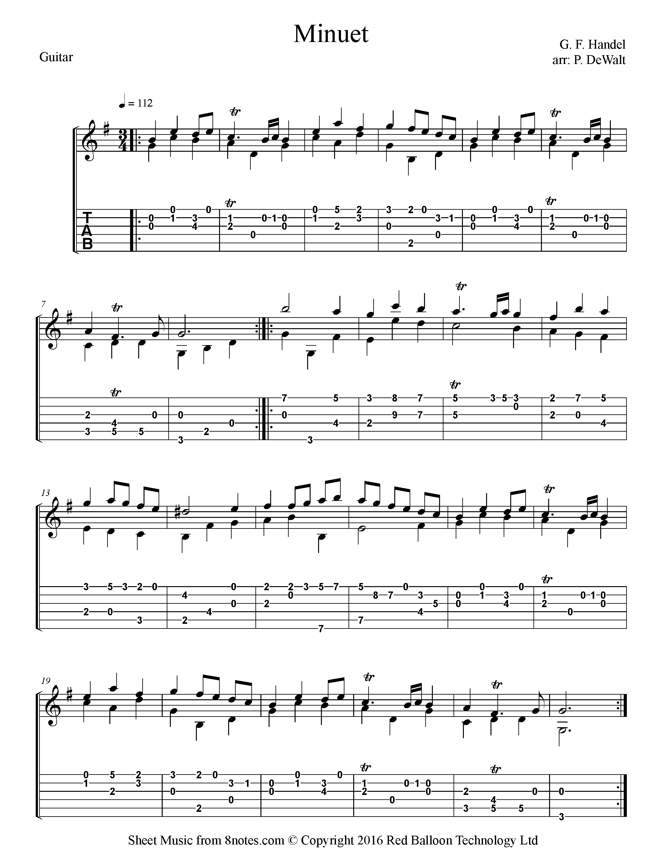 Handel - Minuet in G Sheet music for Guitar - 8notes.com