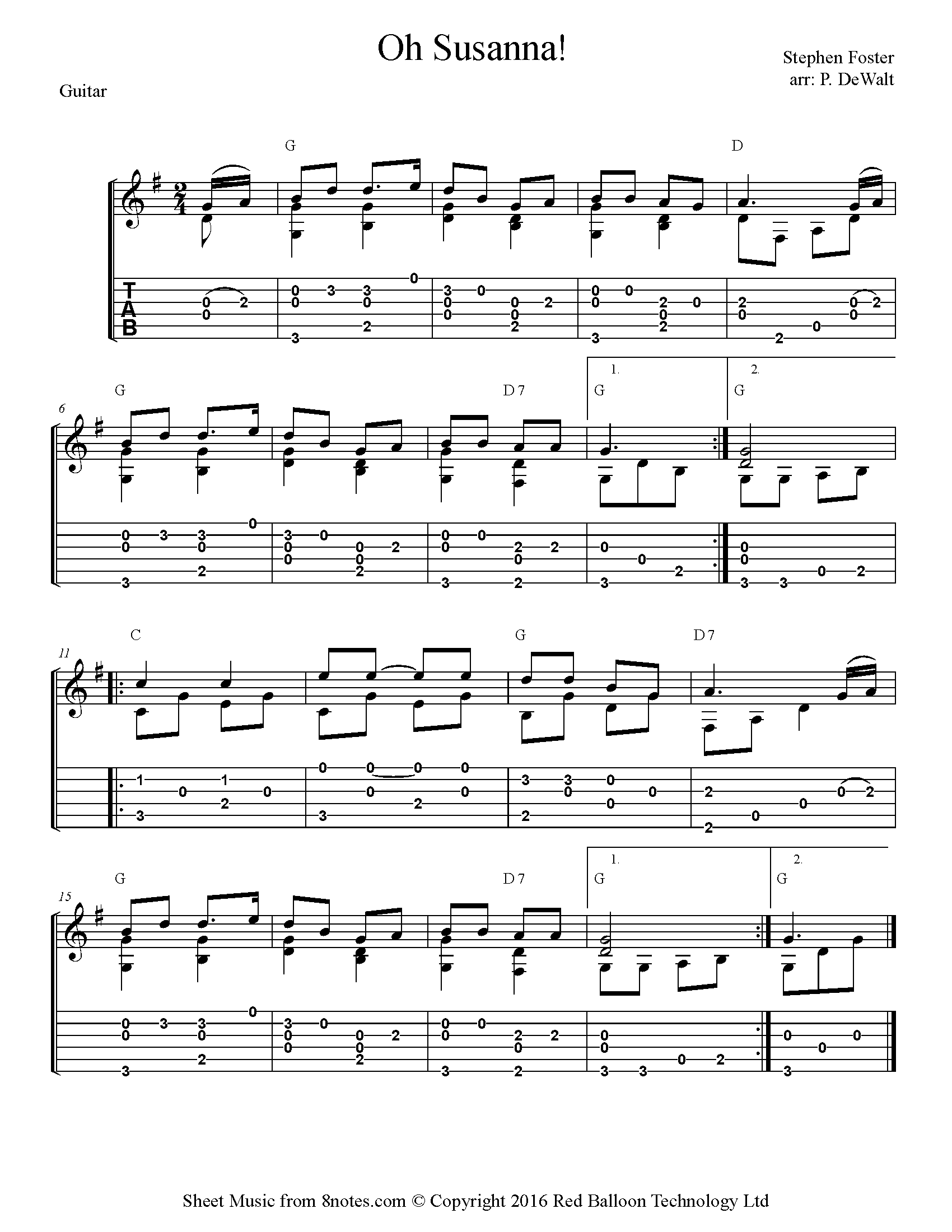 Stephen Foster - Oh Susanna Sheet music for Guitar - 8notes.com