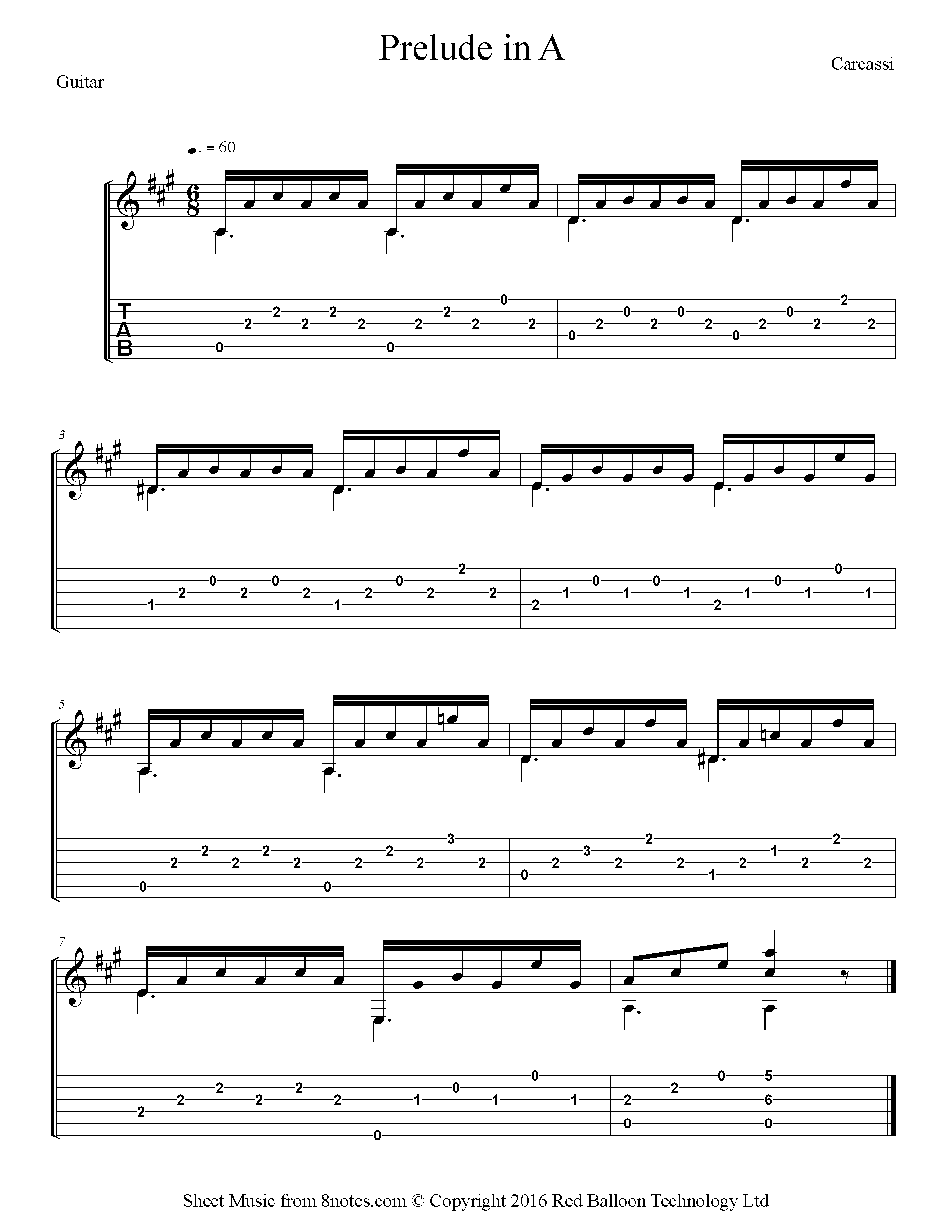 Carcassi - Prelude in A Sheet music for Guitar - 8notes.com