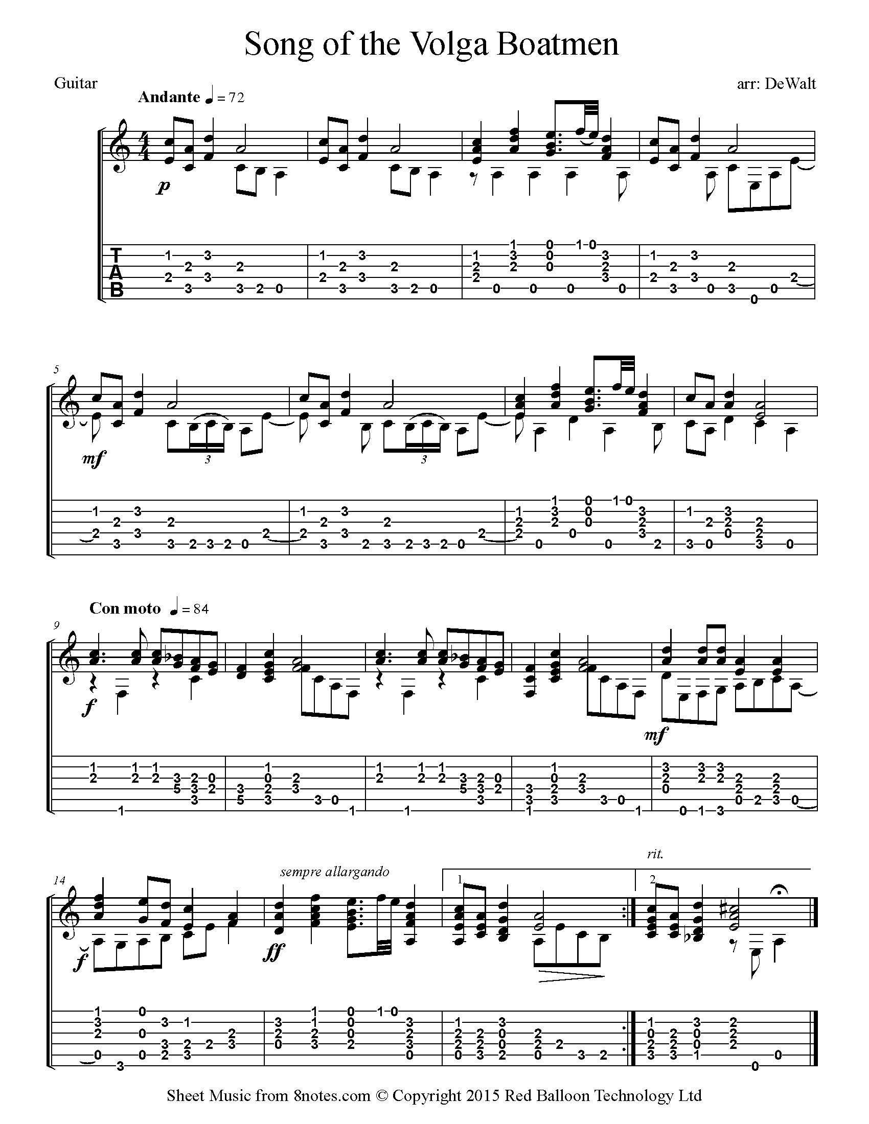 Balakirev, Mily - The Song of the Volga Boatmen Sheet music for Guitar ...