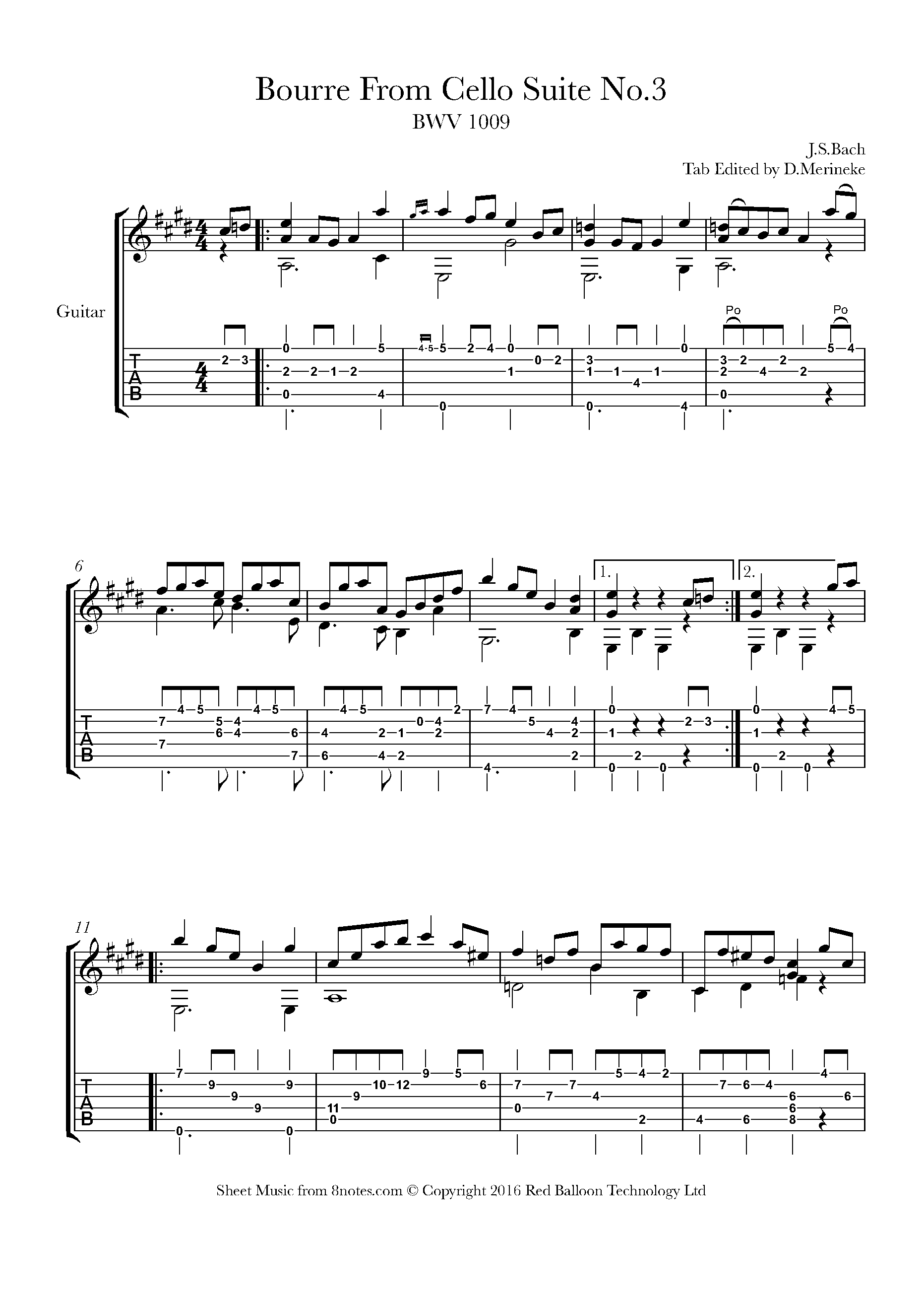 Bach - Bourree BWV 1009 from Cello Suite No.3 Sheet music for Guitar ...