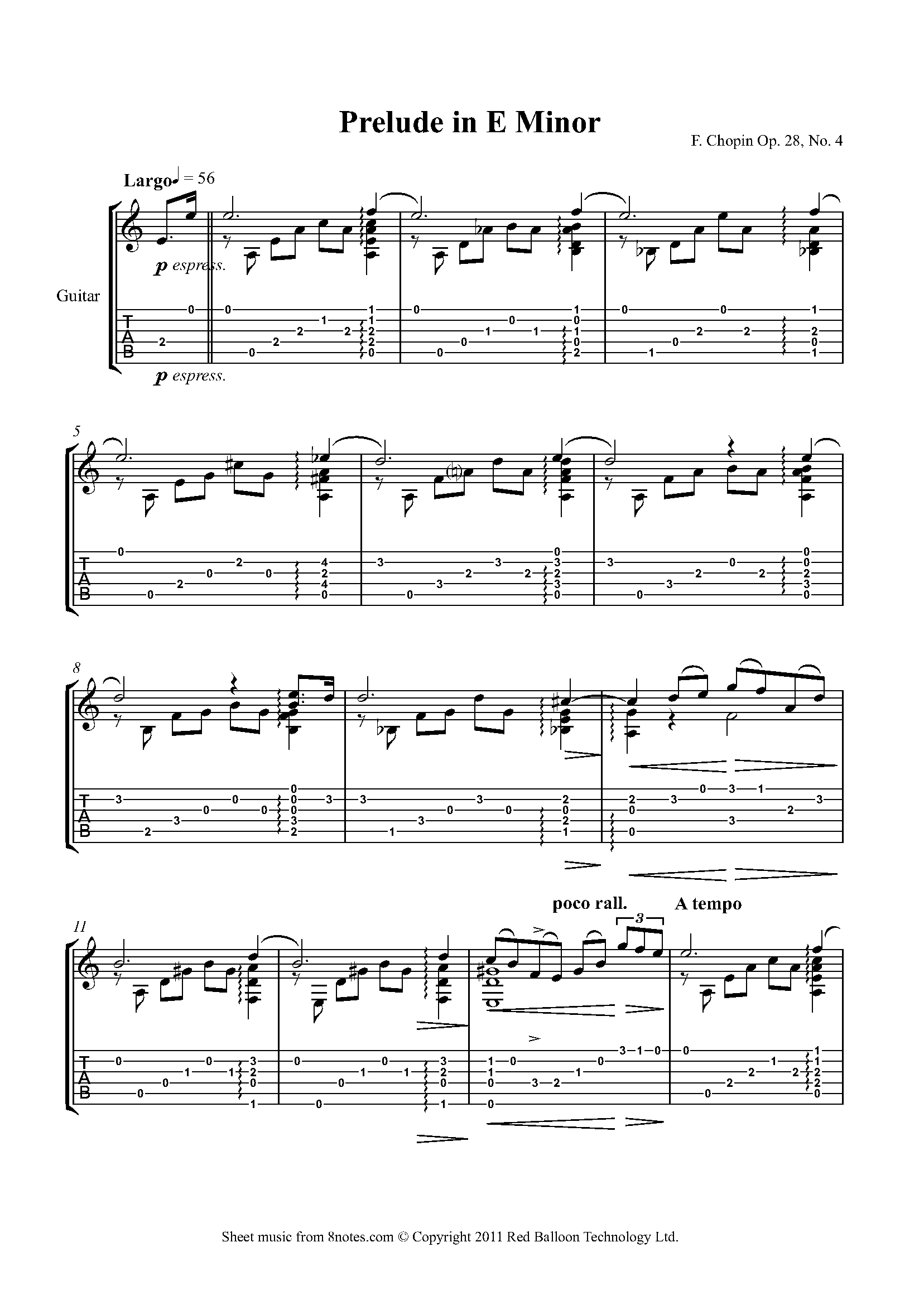 Chopin - Prelude in E minor Op.28 No.4 Sheet music for Guitar - 8notes.com