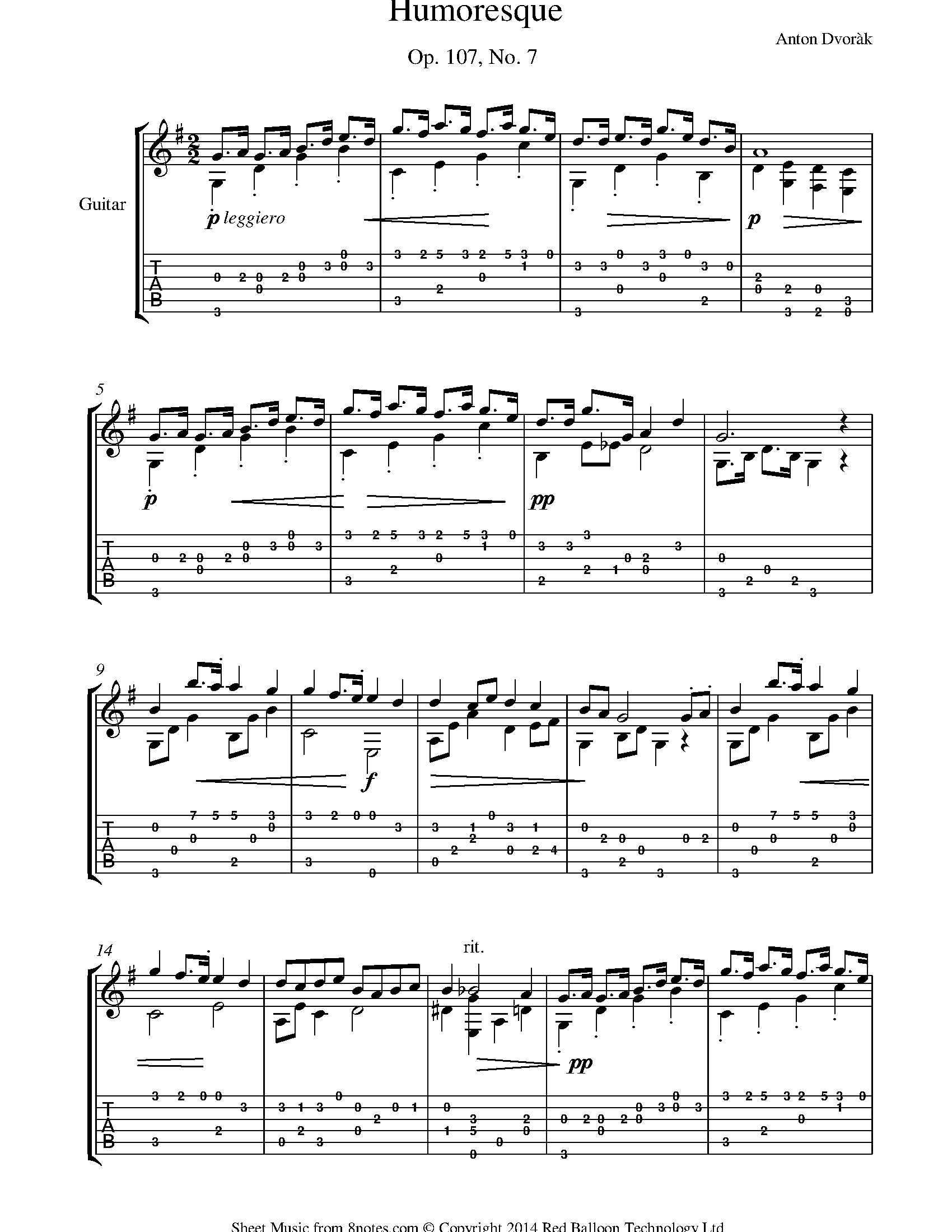 Dvořák - Humoresque Op. 101, No. 7 Sheet music for Guitar - 8notes.com