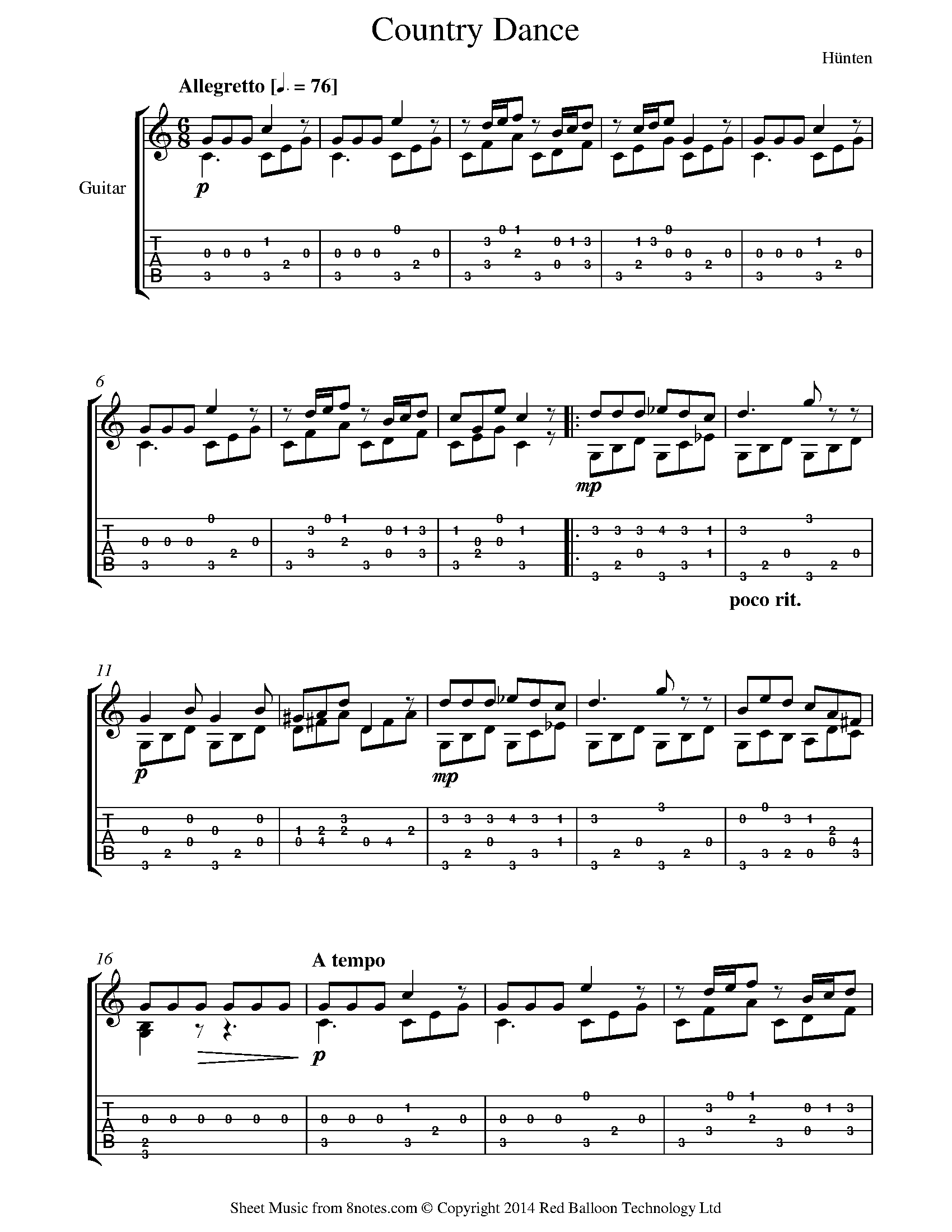 Hunten - Country Dance Sheet music for Guitar - 8notes.com
