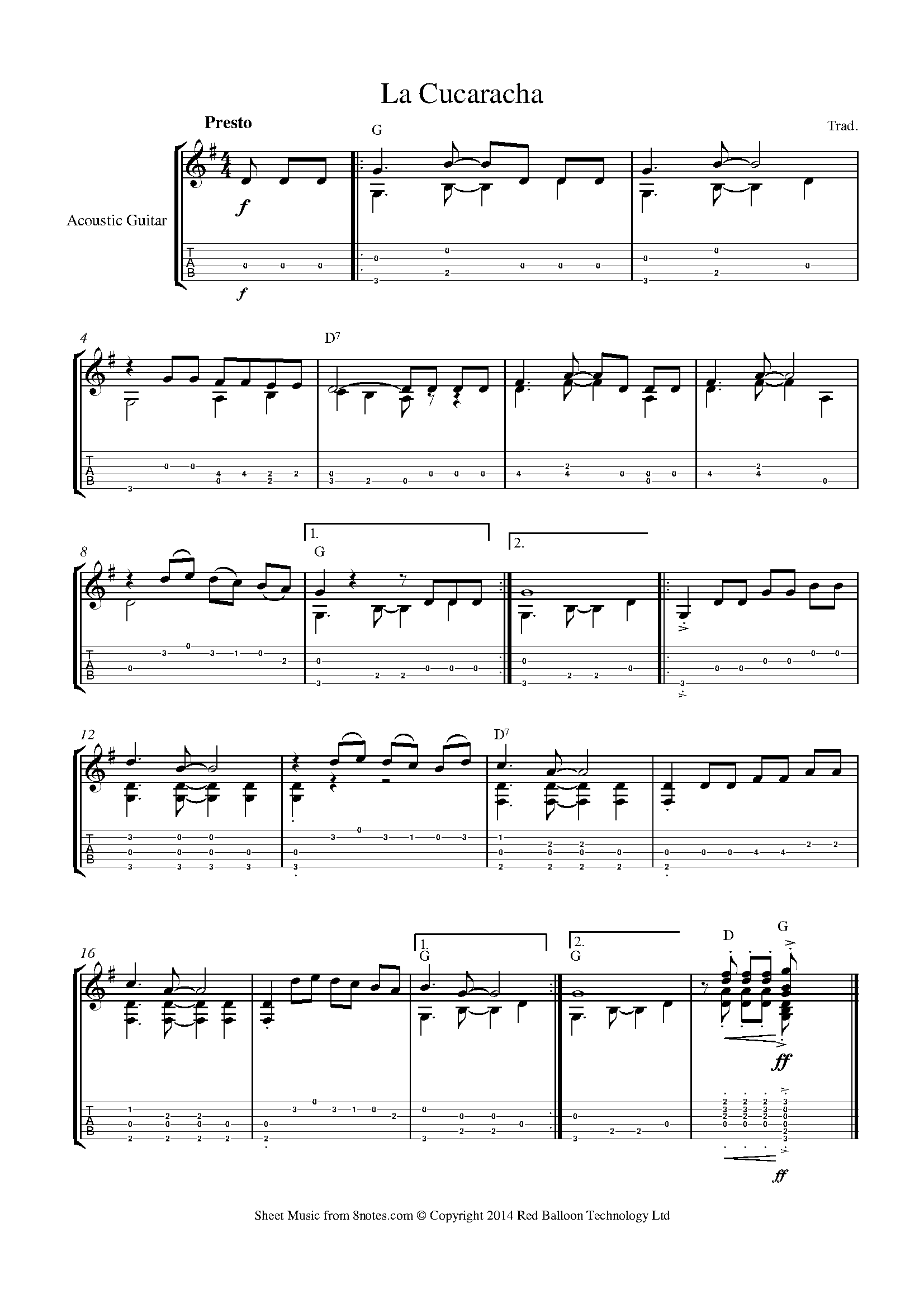 La Cucaracha (Mexico) Sheet music for Guitar - 8notes.com