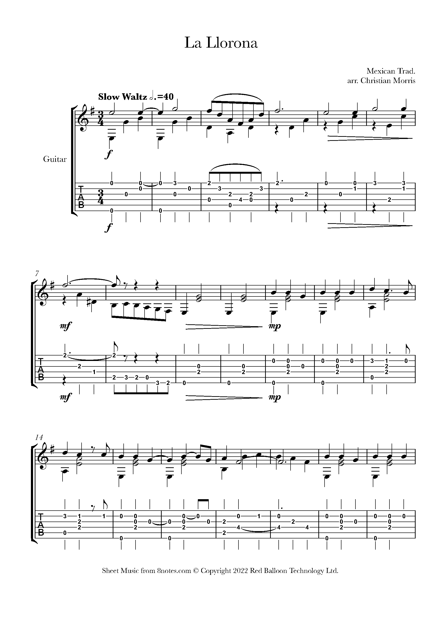 La Llorona (Mexican Traditional Song) Sheet music for Guitar - 8notes.com
