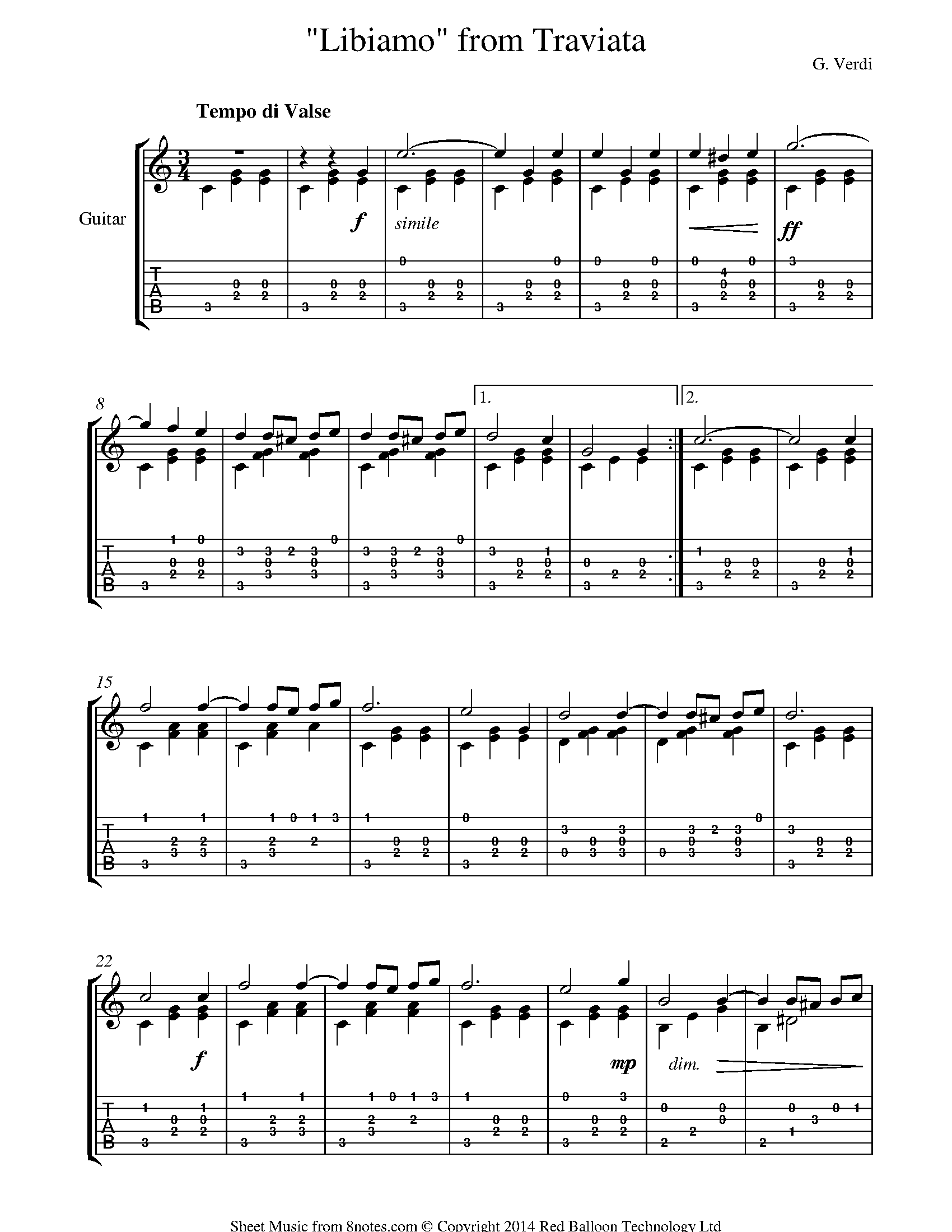 Verdi - Libiamo from La Traviata Sheet music for Guitar - 8notes.com