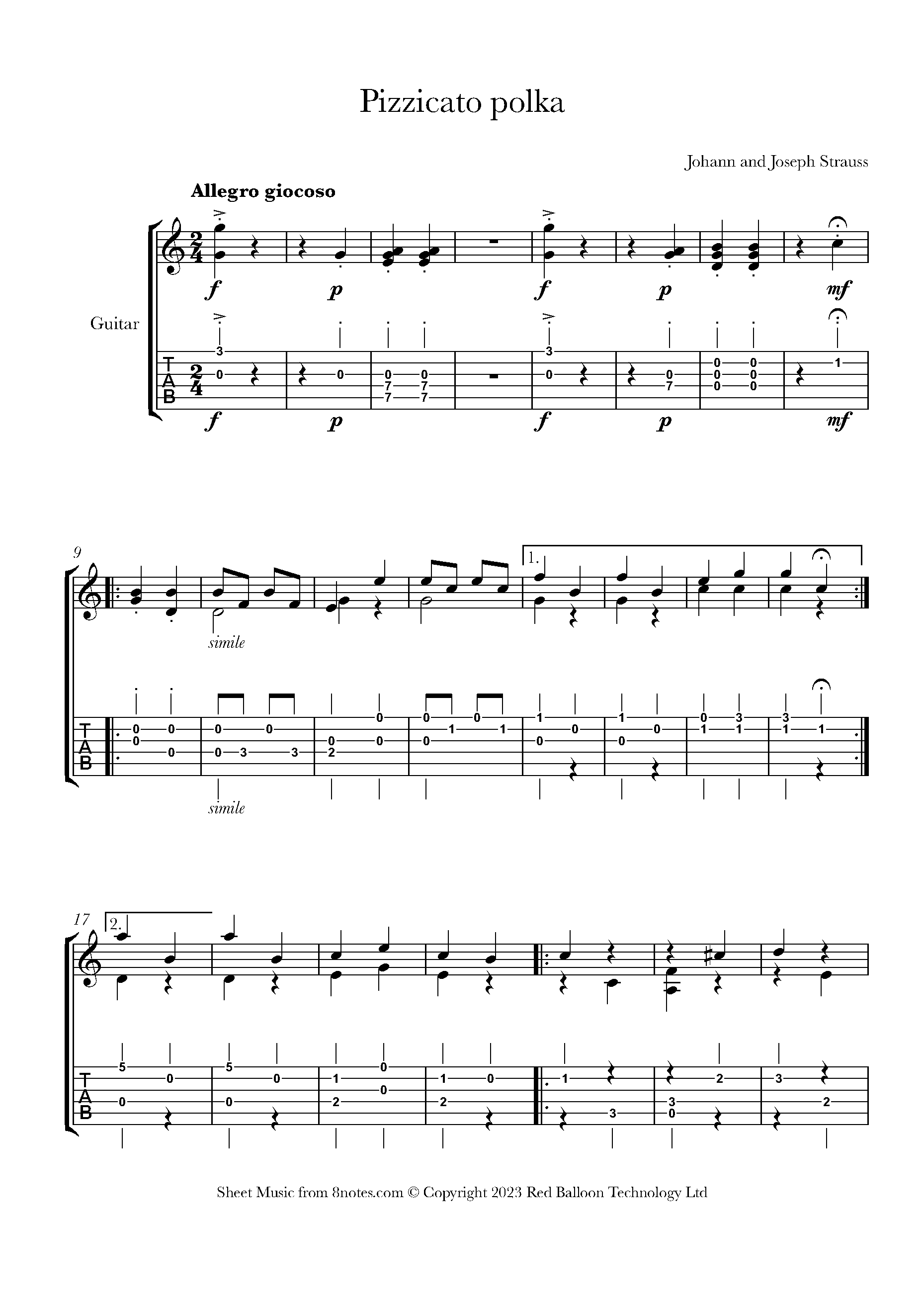 Strauss II - Pizzicato Polka Sheet music for Guitar - 8notes.com