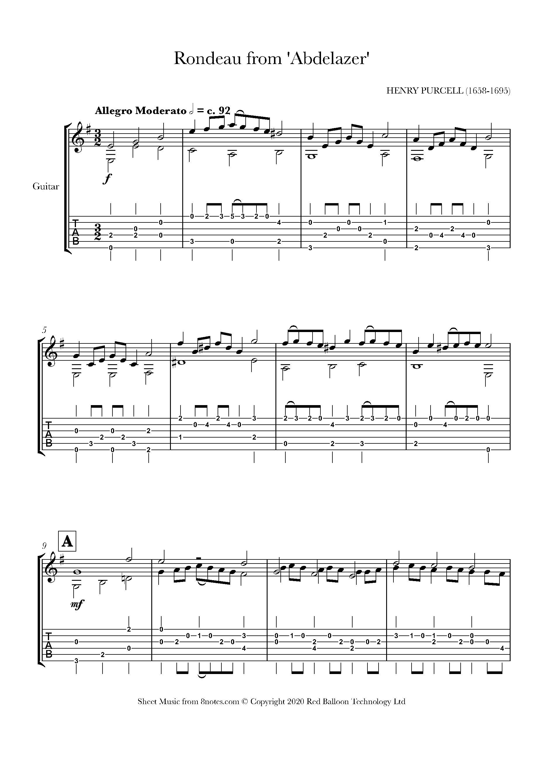 Purcell - Rondeau from Abdelazer Sheet music for Guitar - 8notes.com