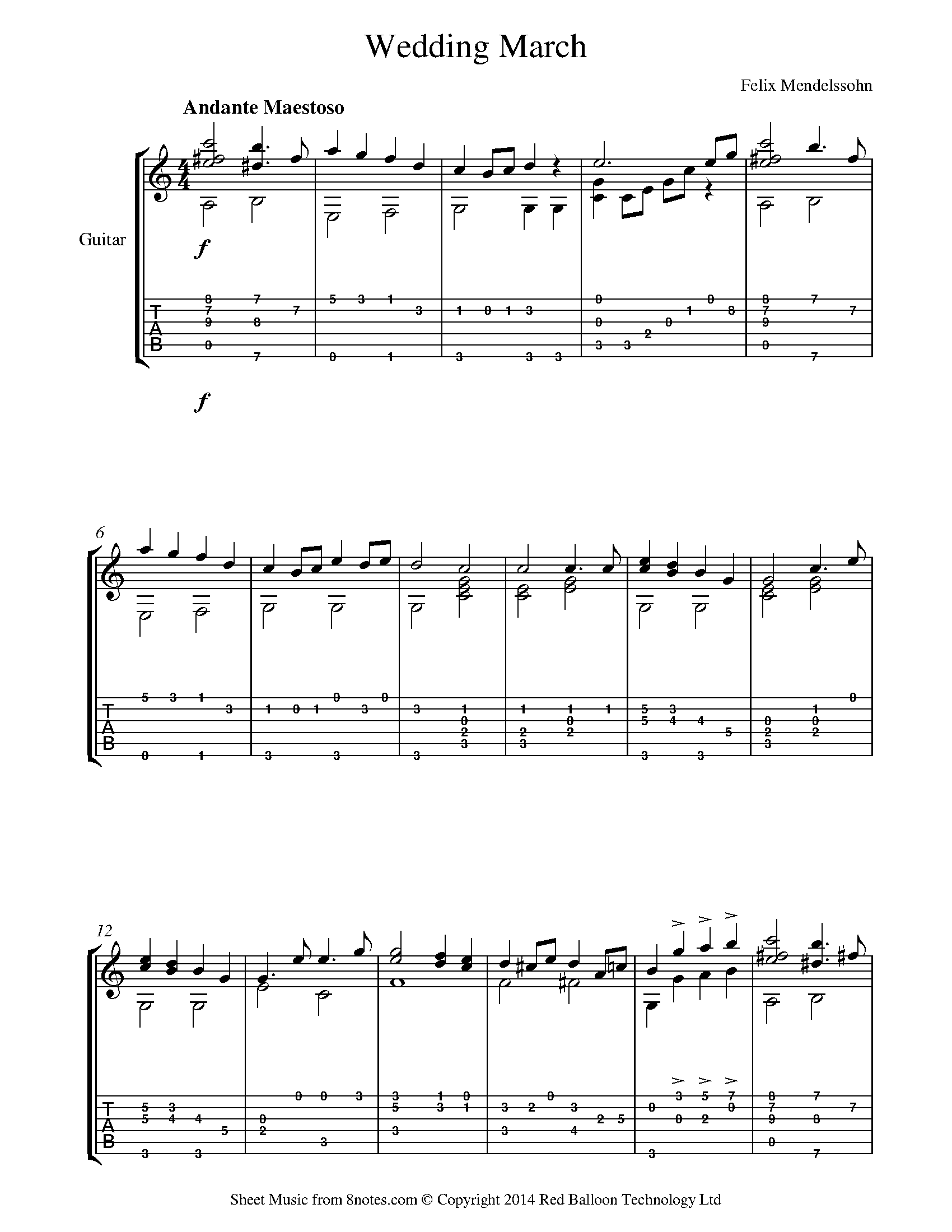 Mendelssohn - Wedding March Sheet music for Guitar - 8notes.com