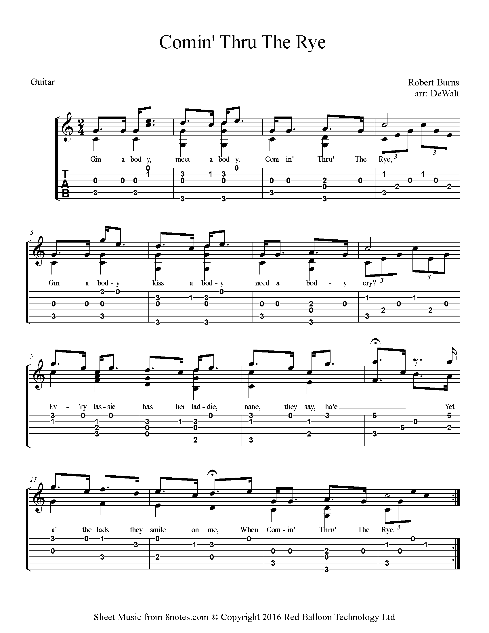 Robert Burns - Comin' Thru The Rye Sheet music for Guitar and Vocal ...