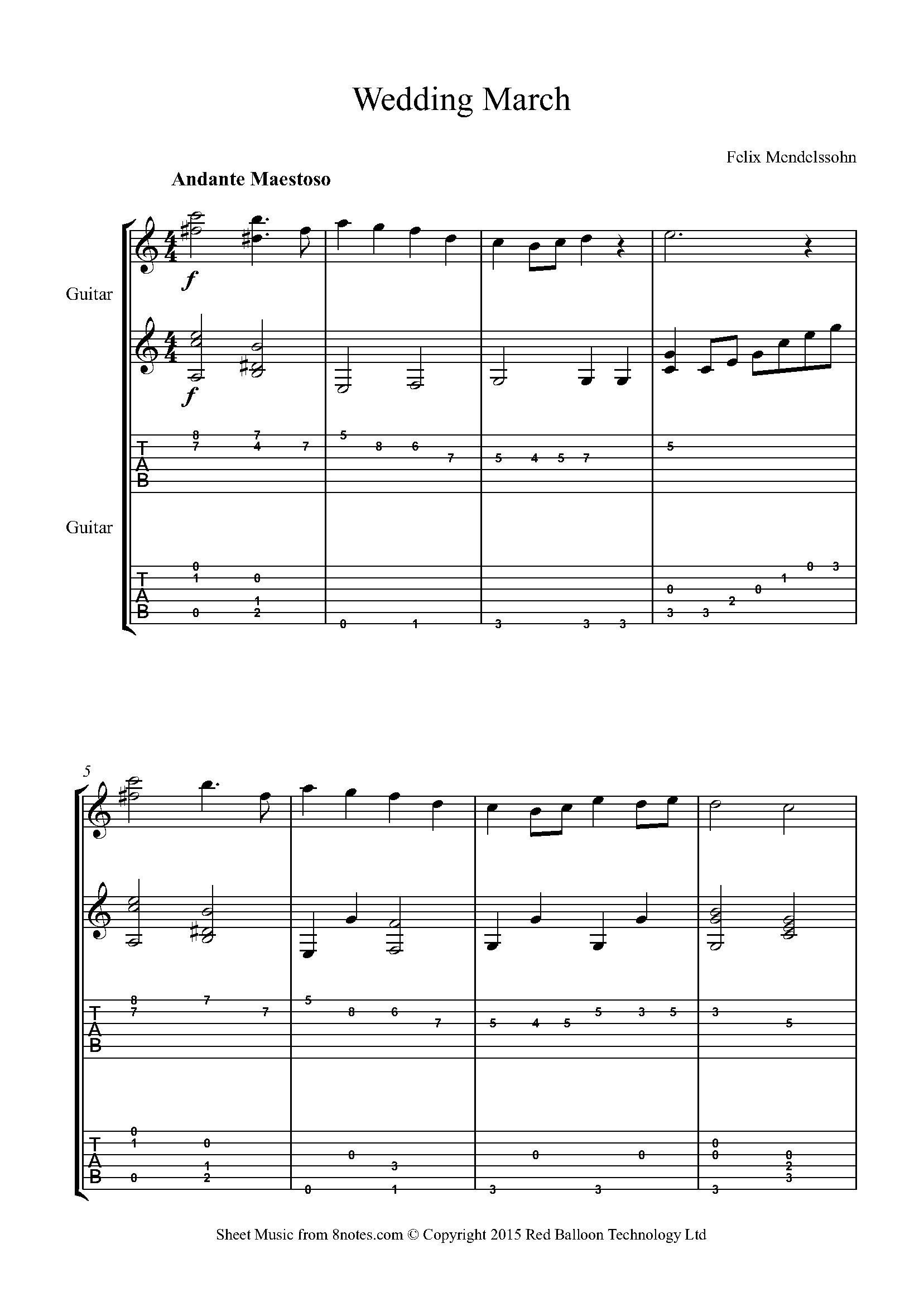 Mendelssohn Wedding March Sheet Music For Guitar Duet