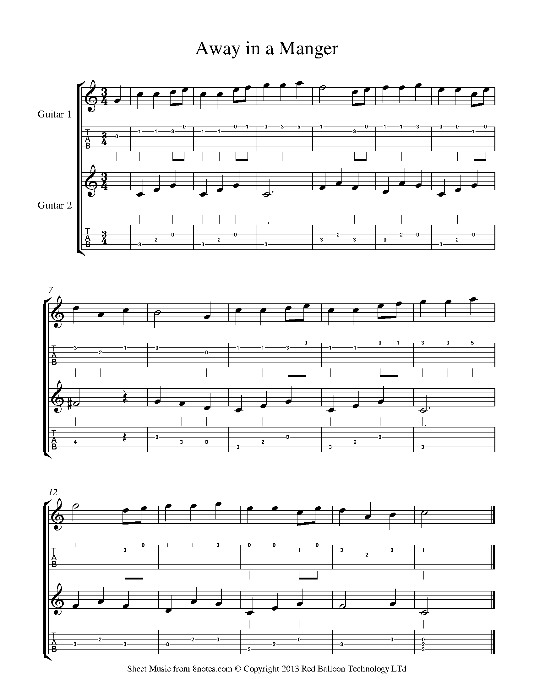 Away in a Manger Sheet music for Guitar Duet - 8notes.com