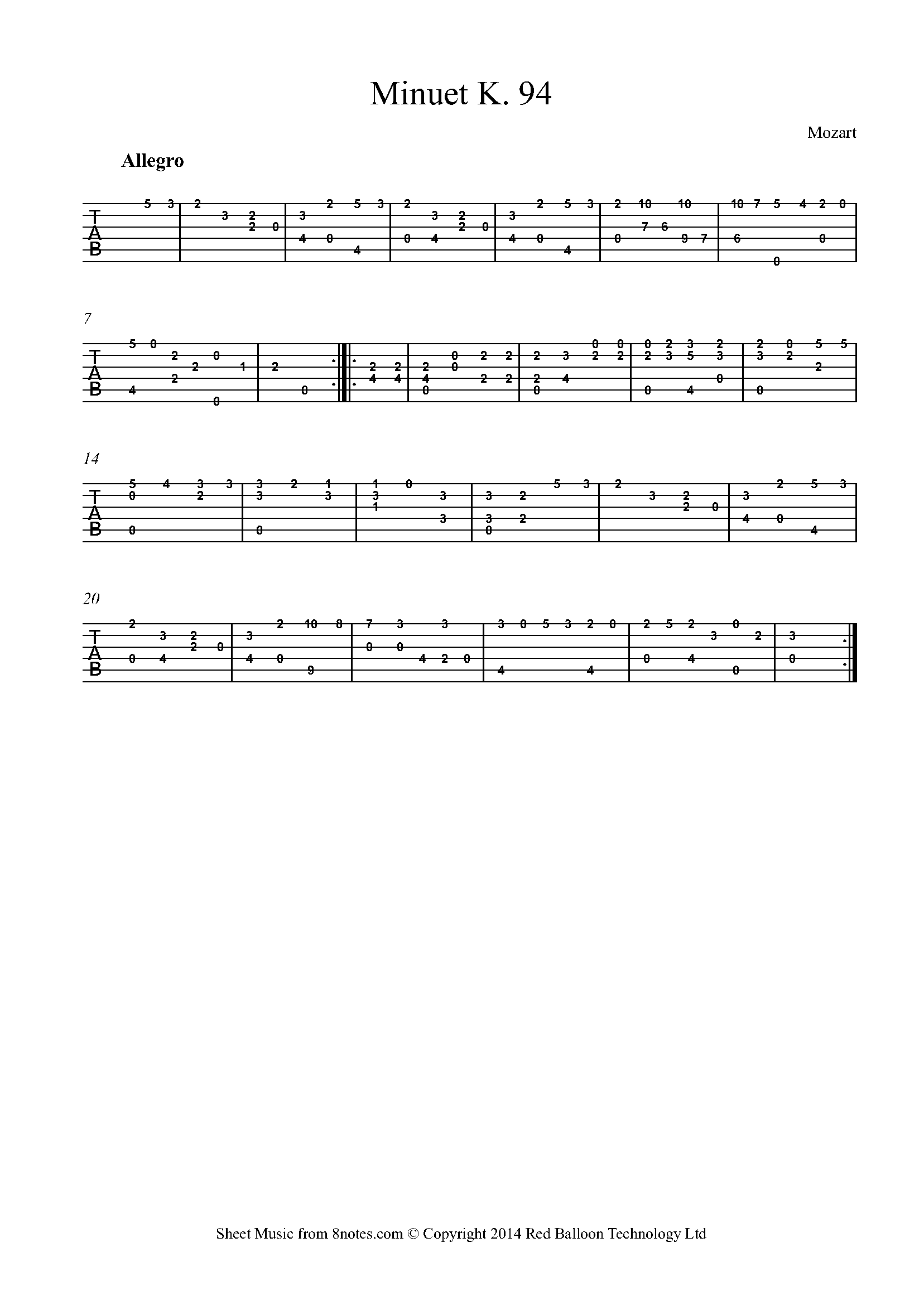 Mozart - Minuet K.94 Guitar Tab - 8notes.com