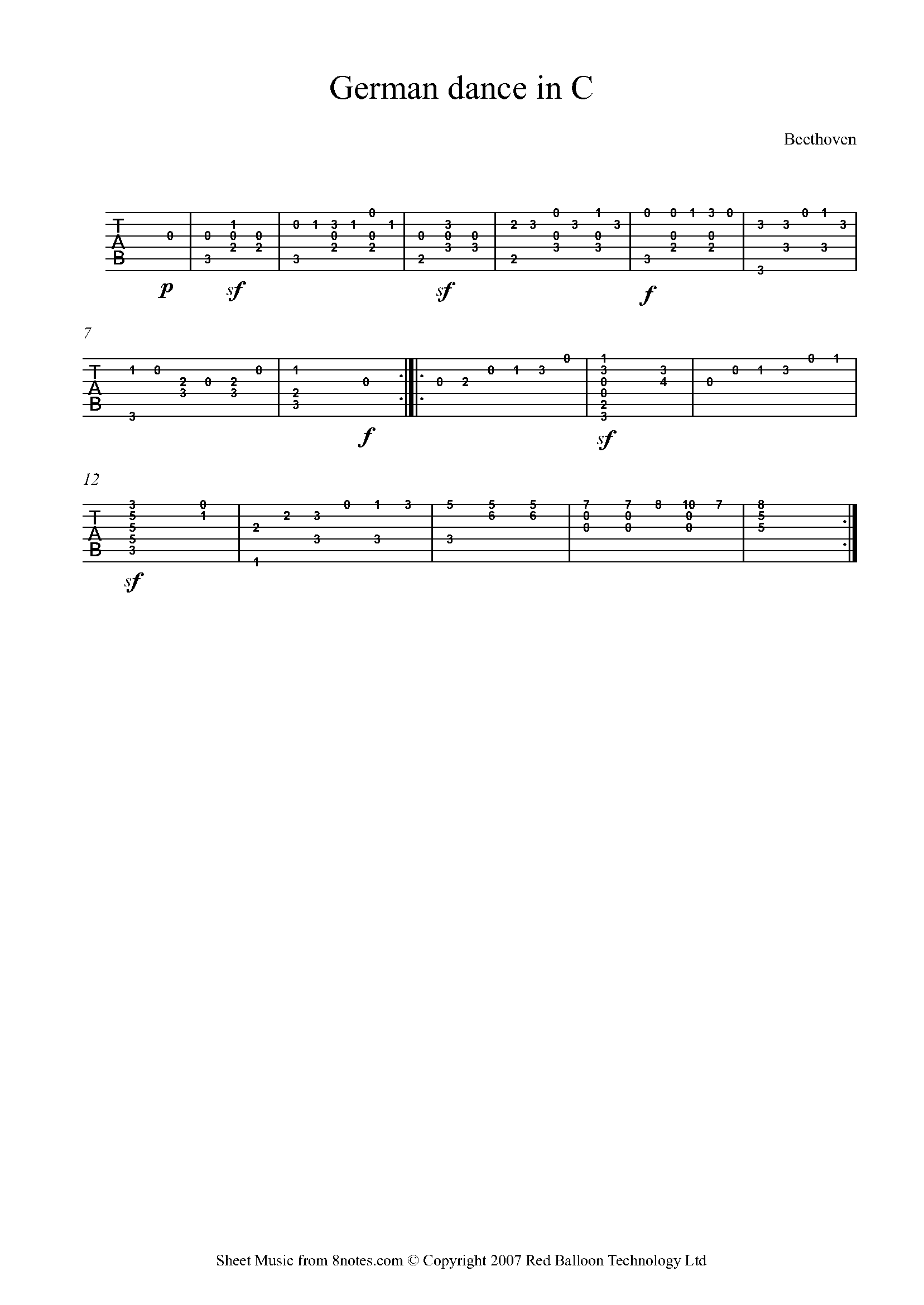 Beethoven - German Dance Guitar Tab - 8notes.com