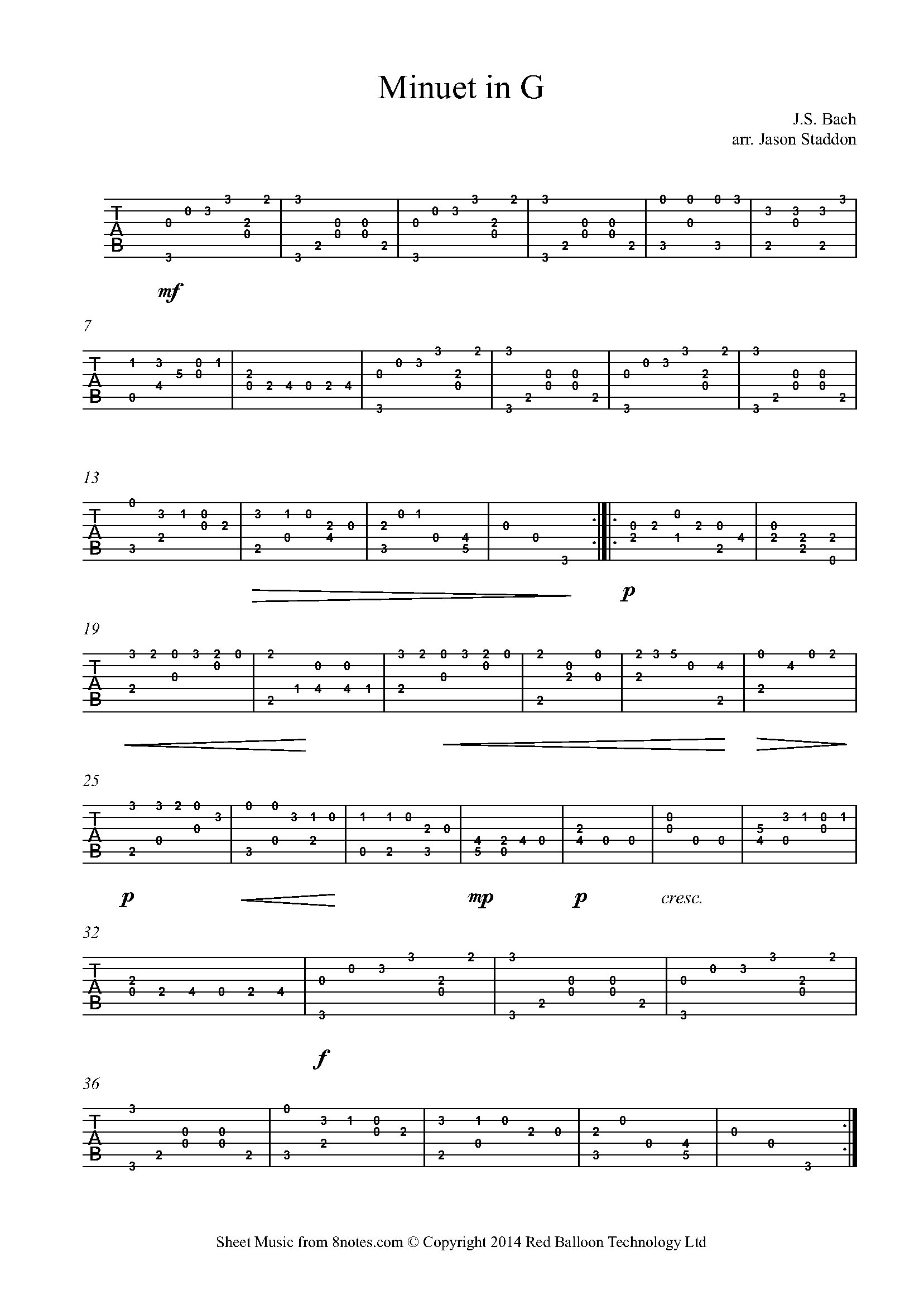Bach - Minuet in G Guitar Tab - 8notes.com