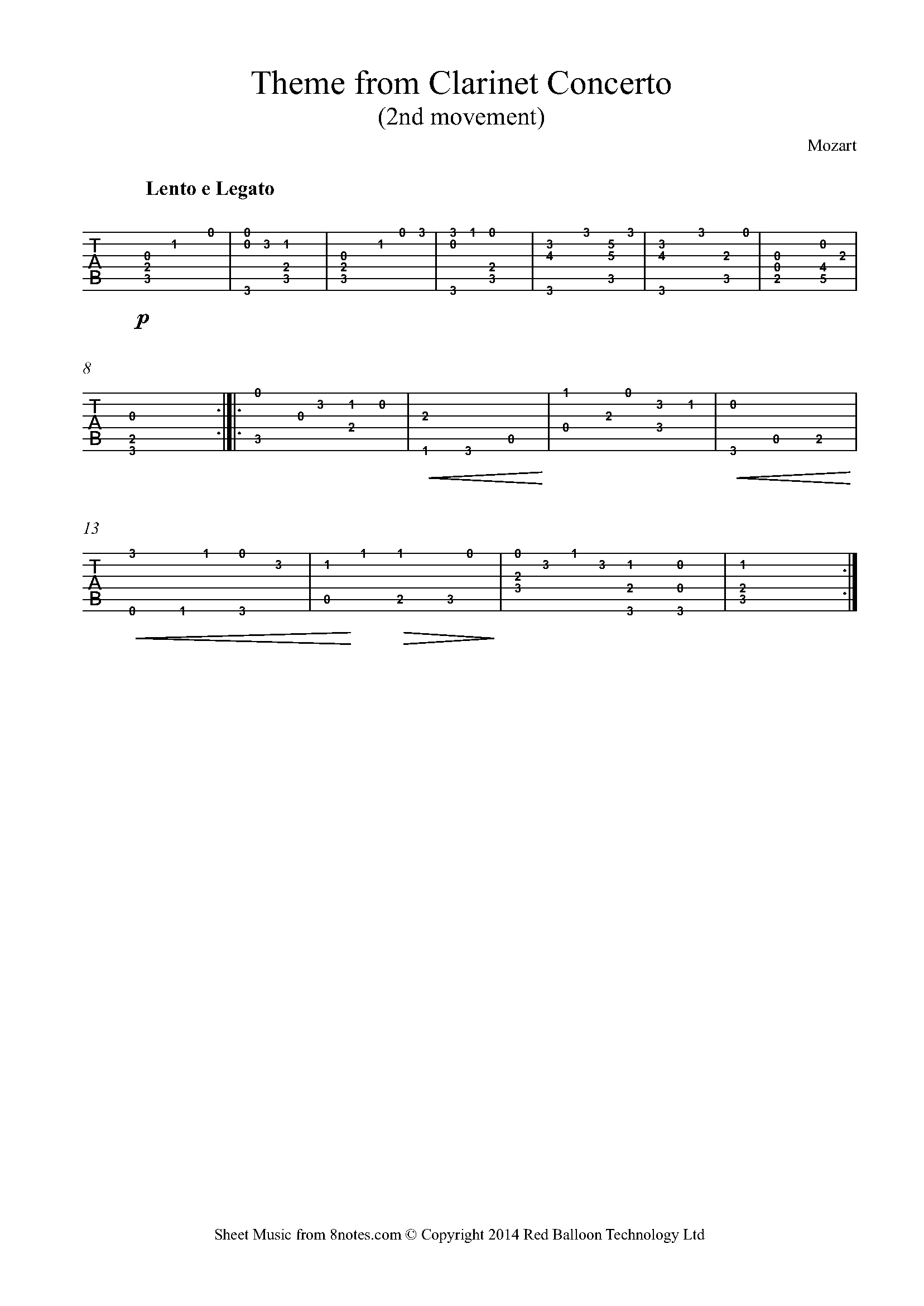 Mozart - Theme from Clarinet Concerto Guitar Tab - 8notes.com
