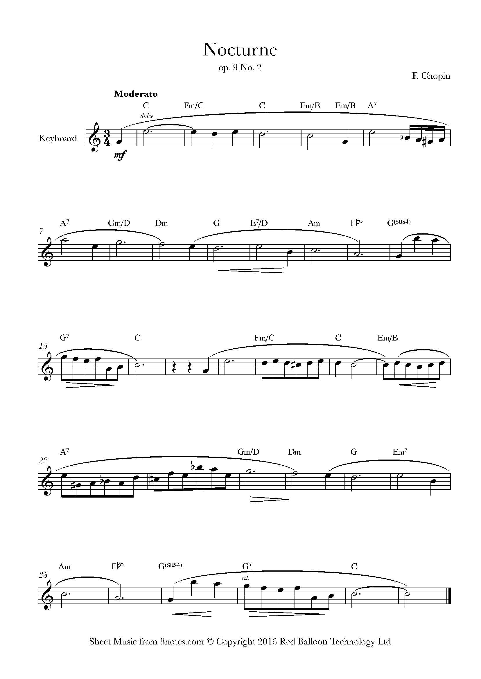 ﻿Chopin - Nocturne Op9, No2 Sheet music for Keyboard - 8notes.com