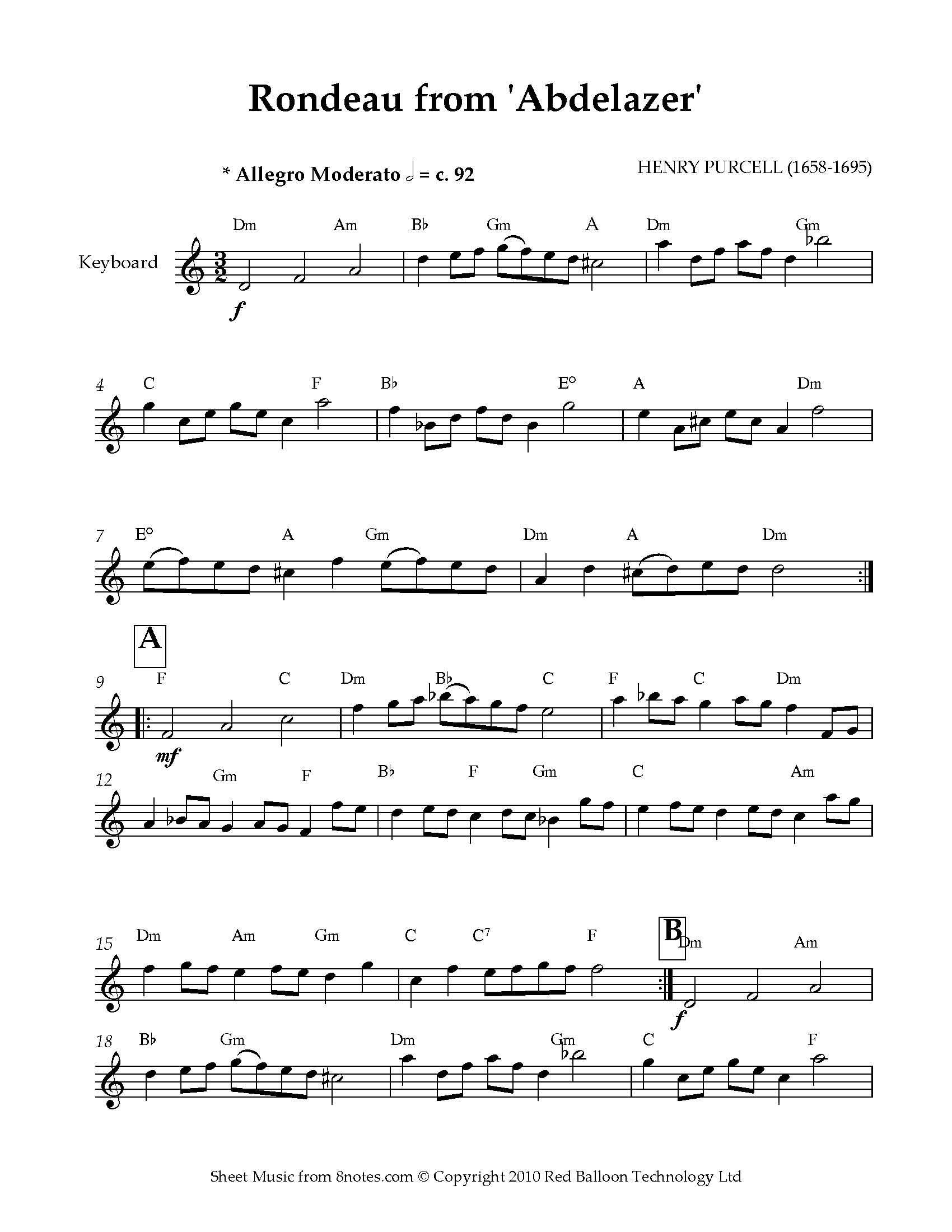 Purcell - Rondeau from Abdelazer Sheet music for Keyboard - 8notes.com