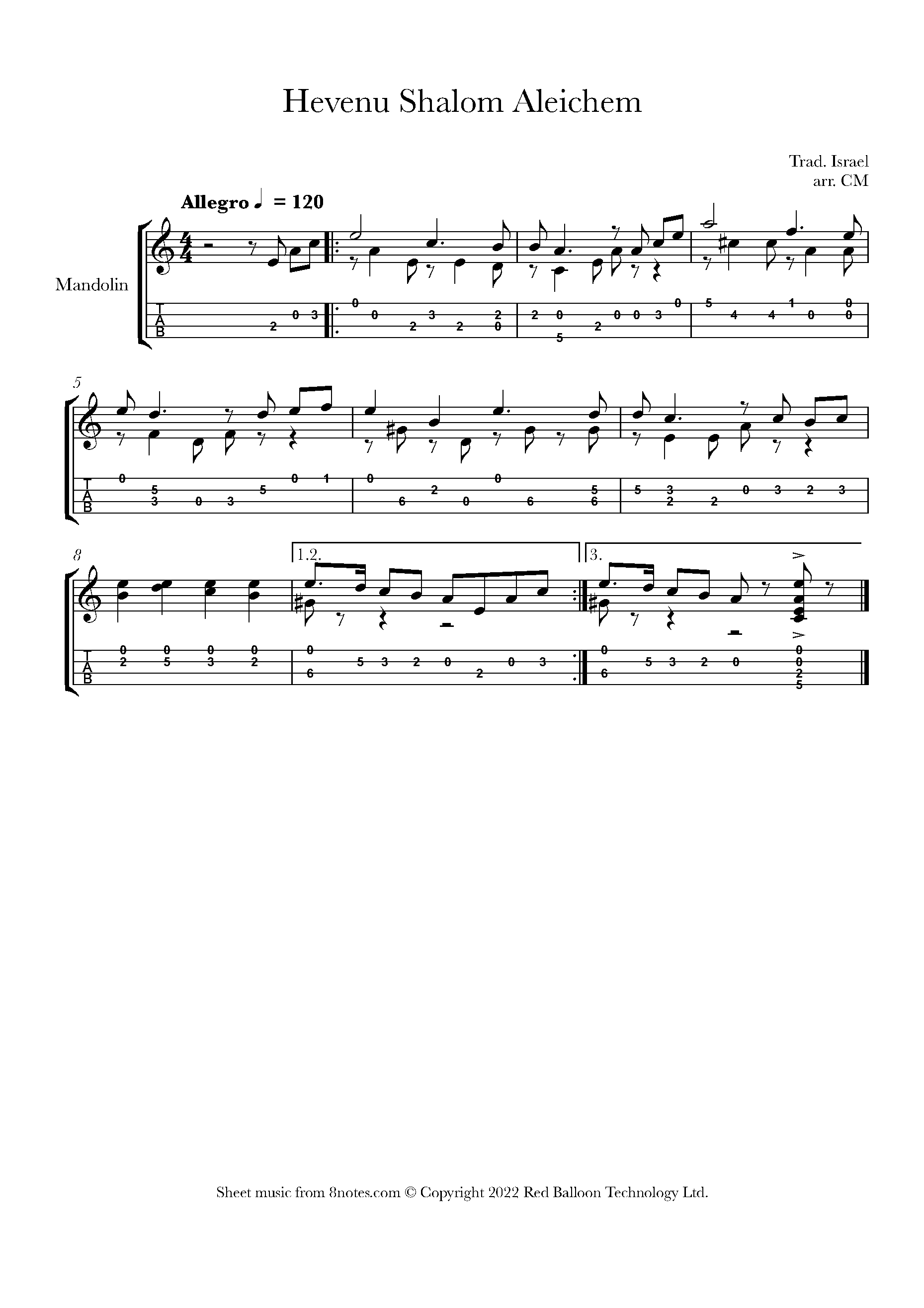 Hevenu Shalom Aleichem (Israeli Traditional) Sheet music for Mandolin ...