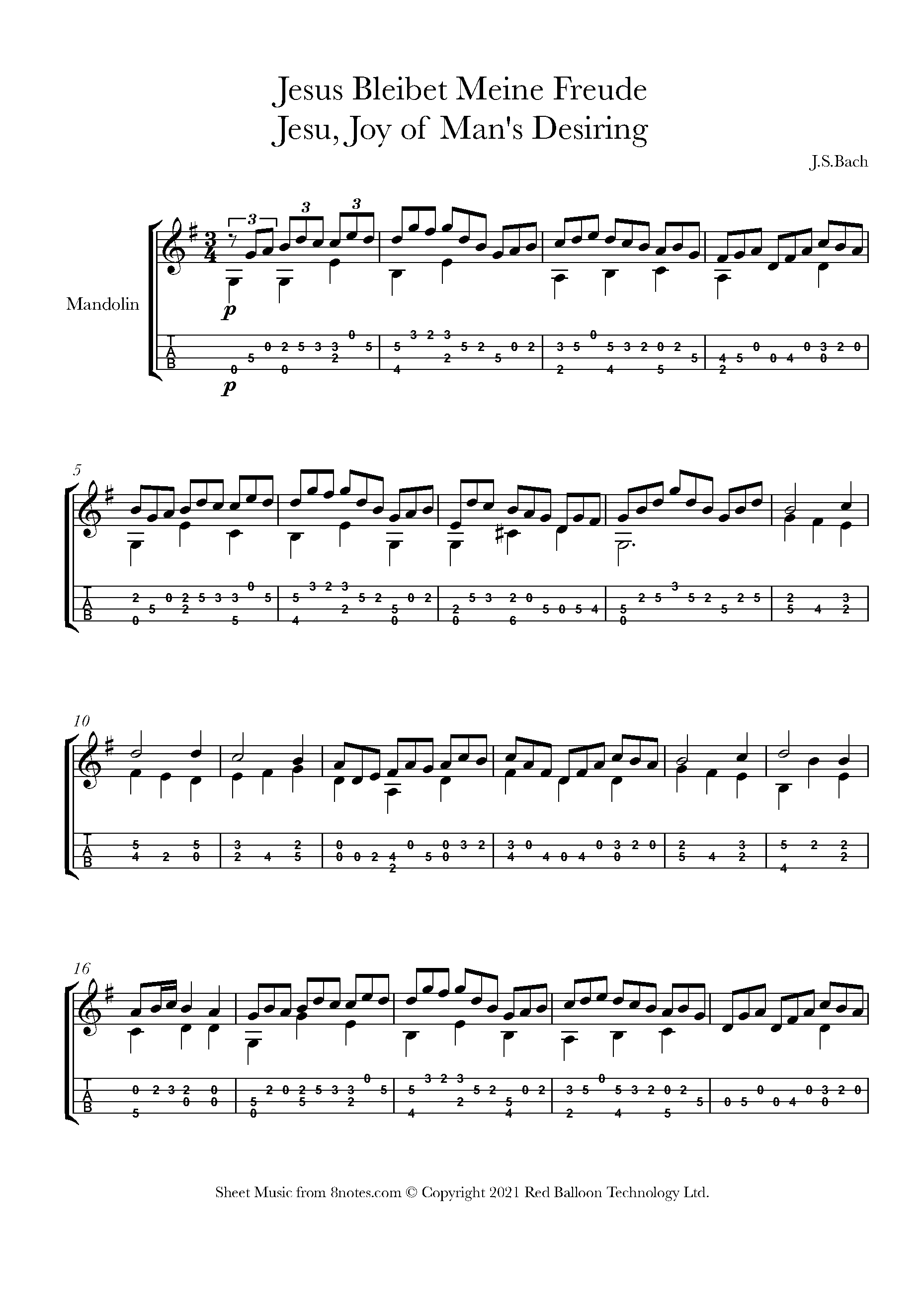 Bach - Jesu Joy of Mans Desiring Sheet music for Mandolin - 8notes.com