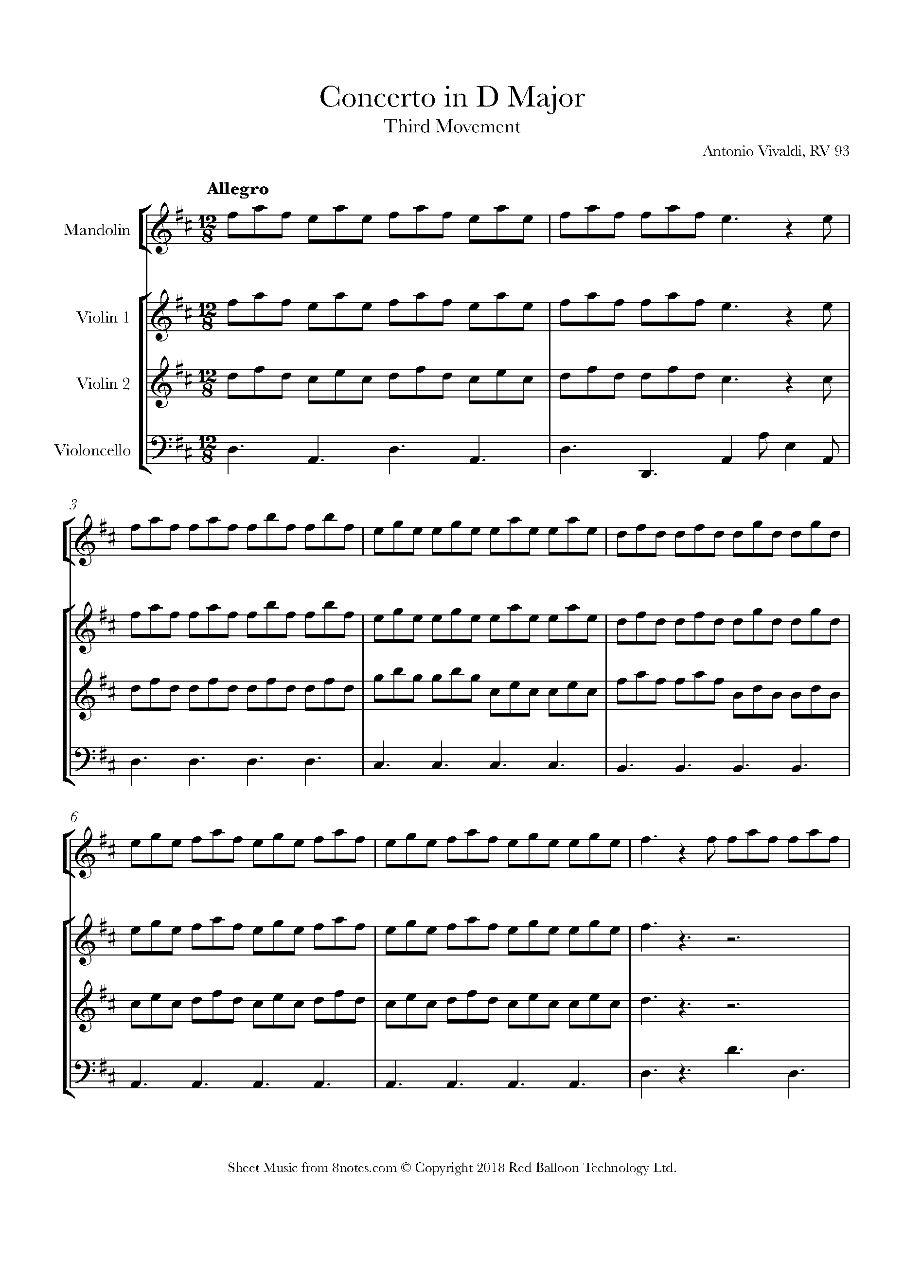 Vivaldi - CONCERTO in D major, RV 93 3rd Movement Sheet music for ...