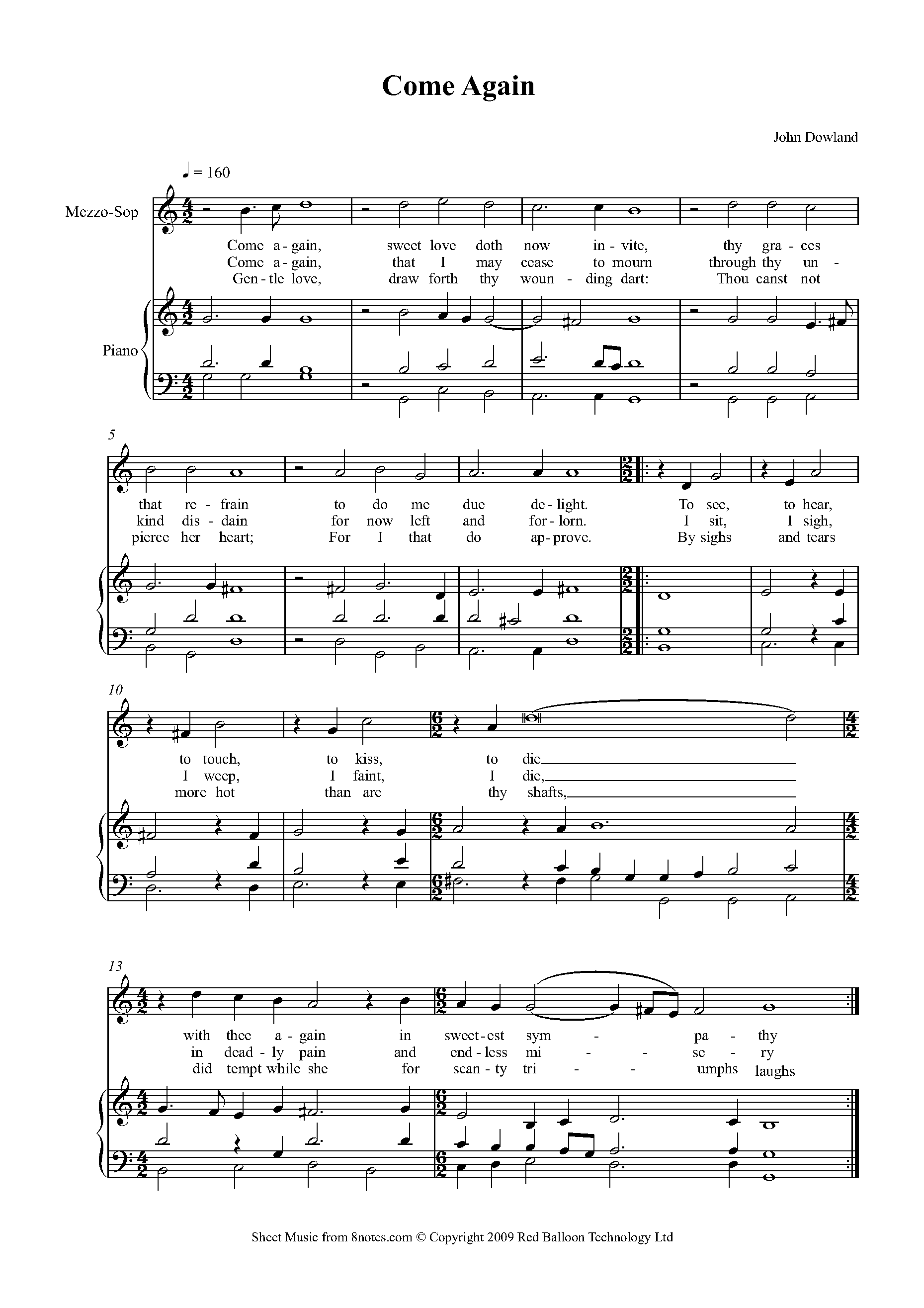 Dowland - Come Again Sheet music for Mezzo Soprano Voice - 8notes.com