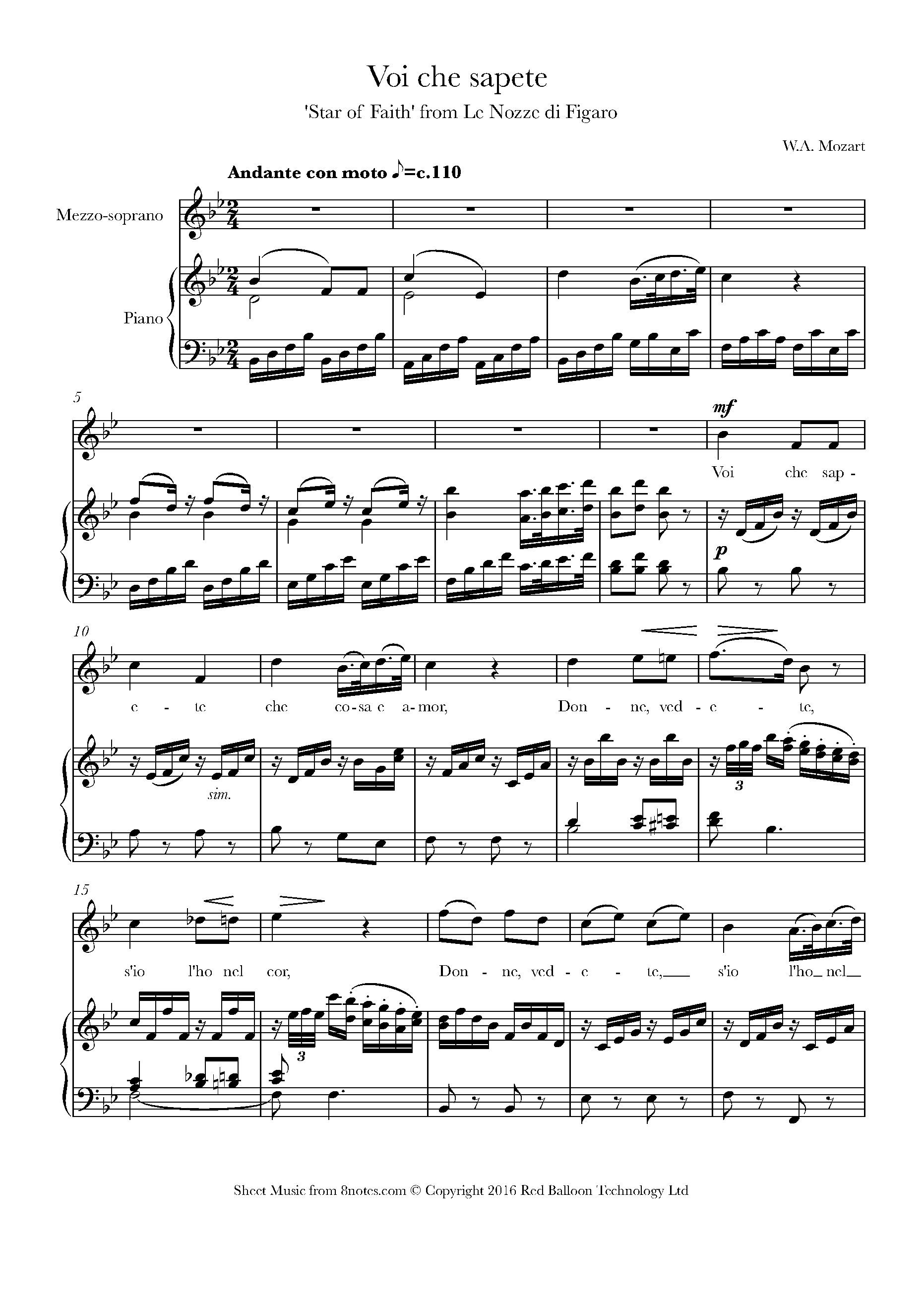 Mozart - Voi che sapeta from The Marriage of Figaro Sheet music for ...