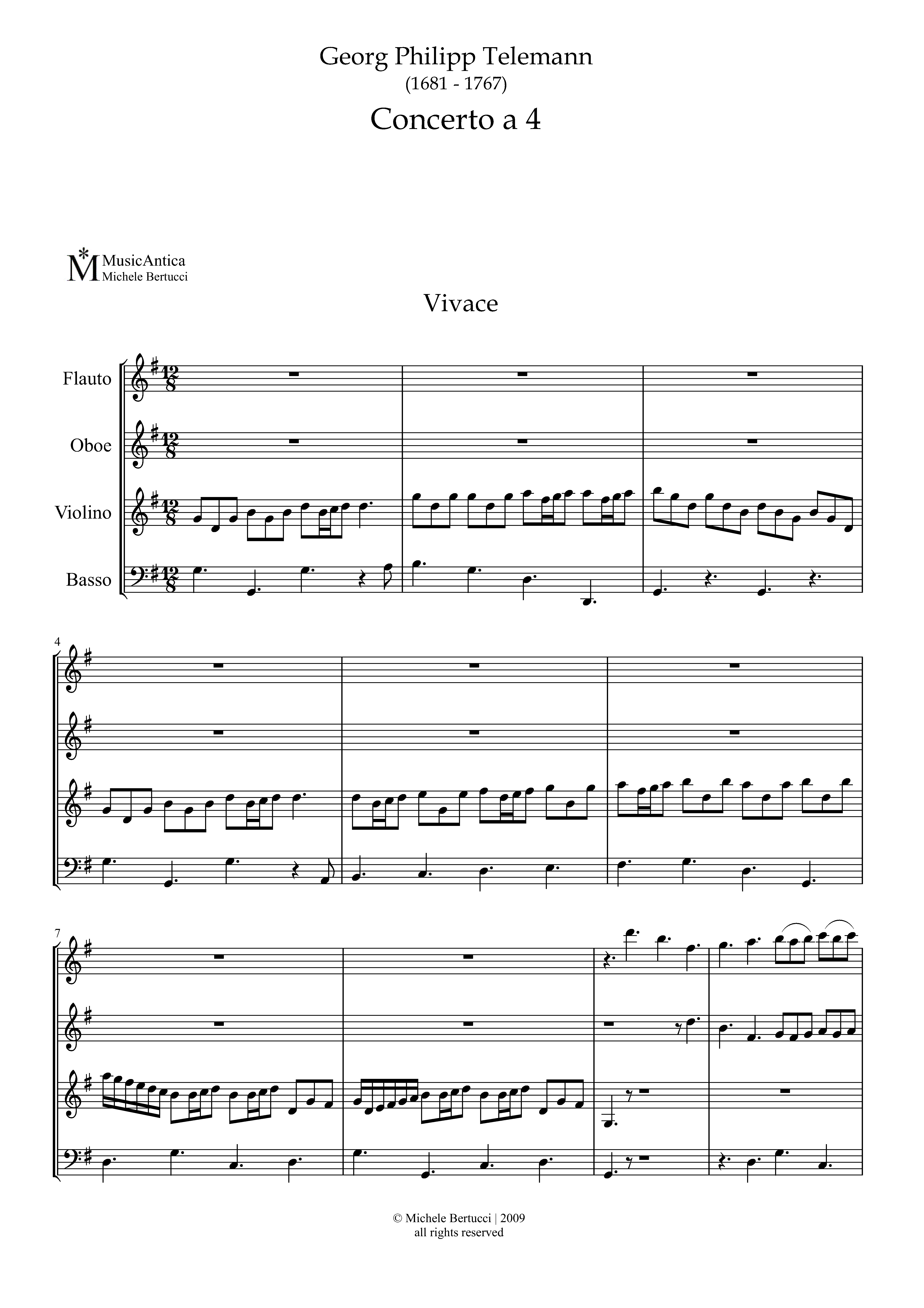 Telemann Georg Philipp Concerto A 4 Twv 43 G6 For Mixed Ensemble