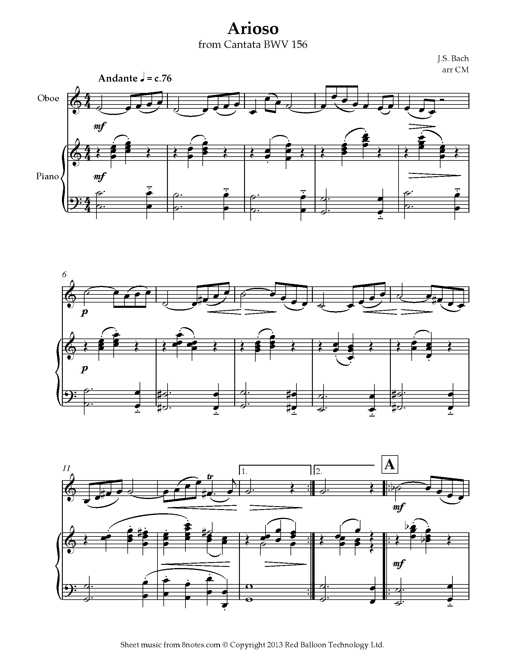 Bach - Arioso from Cantata BWV 156 Sheet music for Oboe - 8notes.com