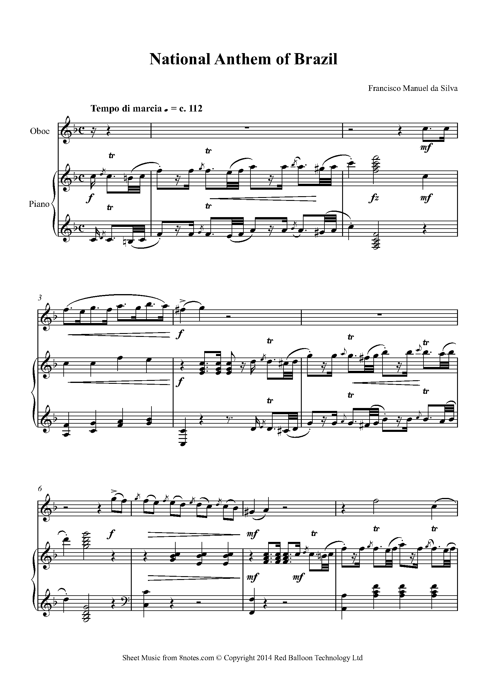 National Anthem of Brazil Sheet music for Oboe - 8notes.com