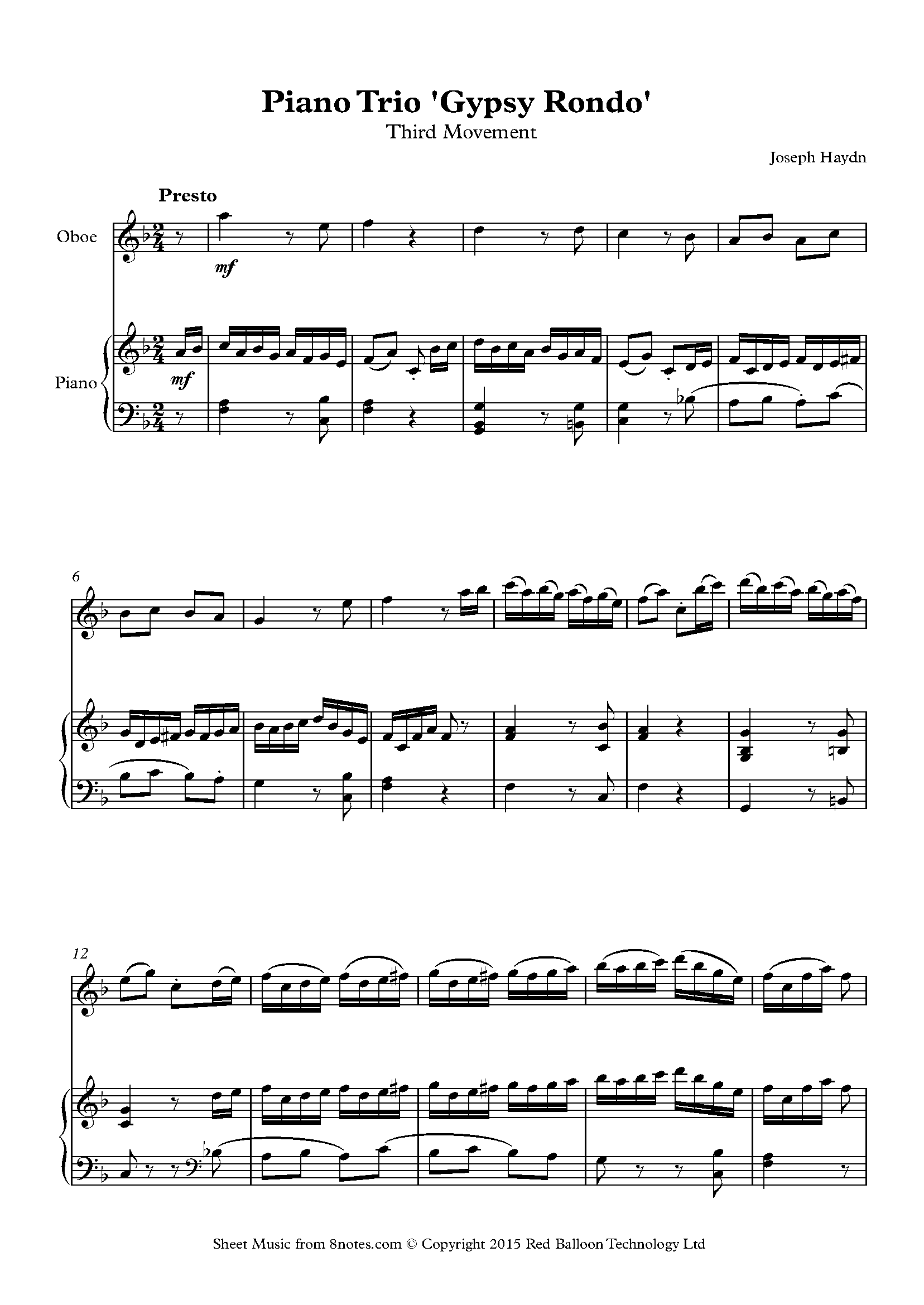 Haydn - Piano Trio 'Gypsy Rondo' 3rd mvt Sheet music for Oboe - 8notes.com