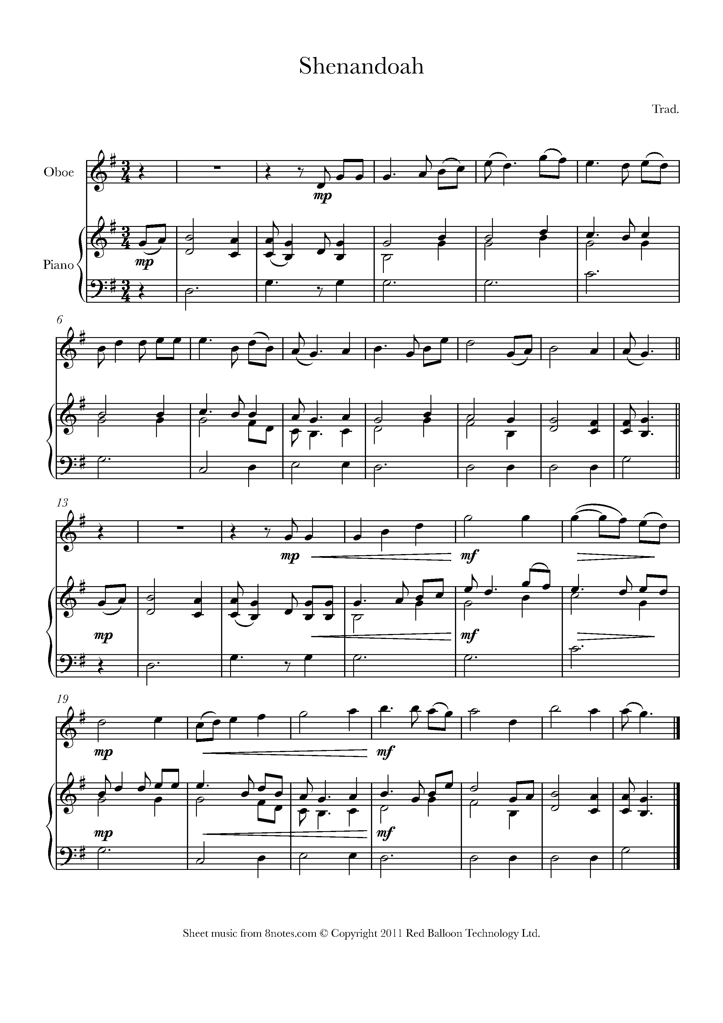 Shenandoah Sheet music for Oboe - 8notes.com