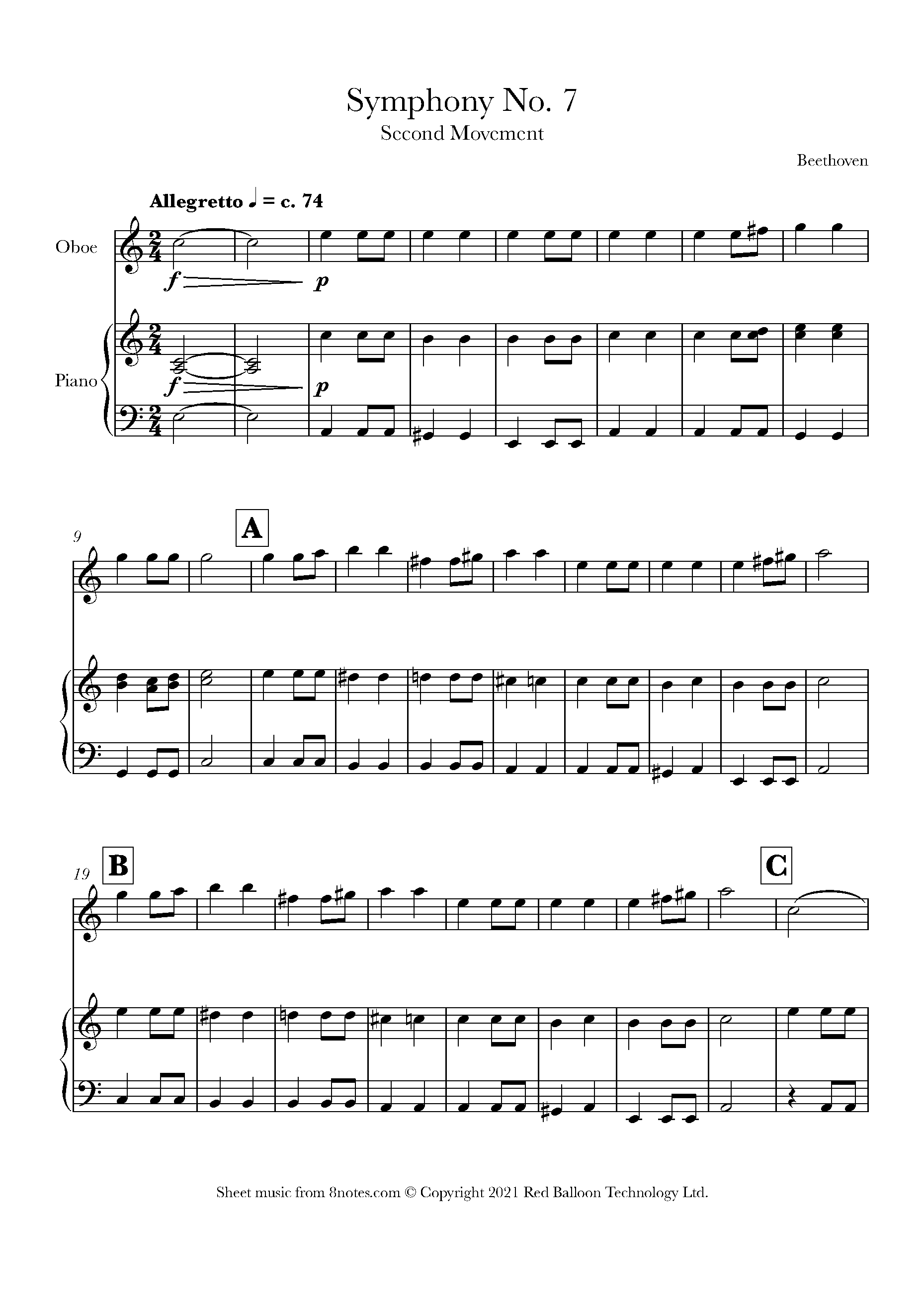 Beethoven - 7th Symphony 2nd mvt theme Sheet music for Oboe - 8notes.com