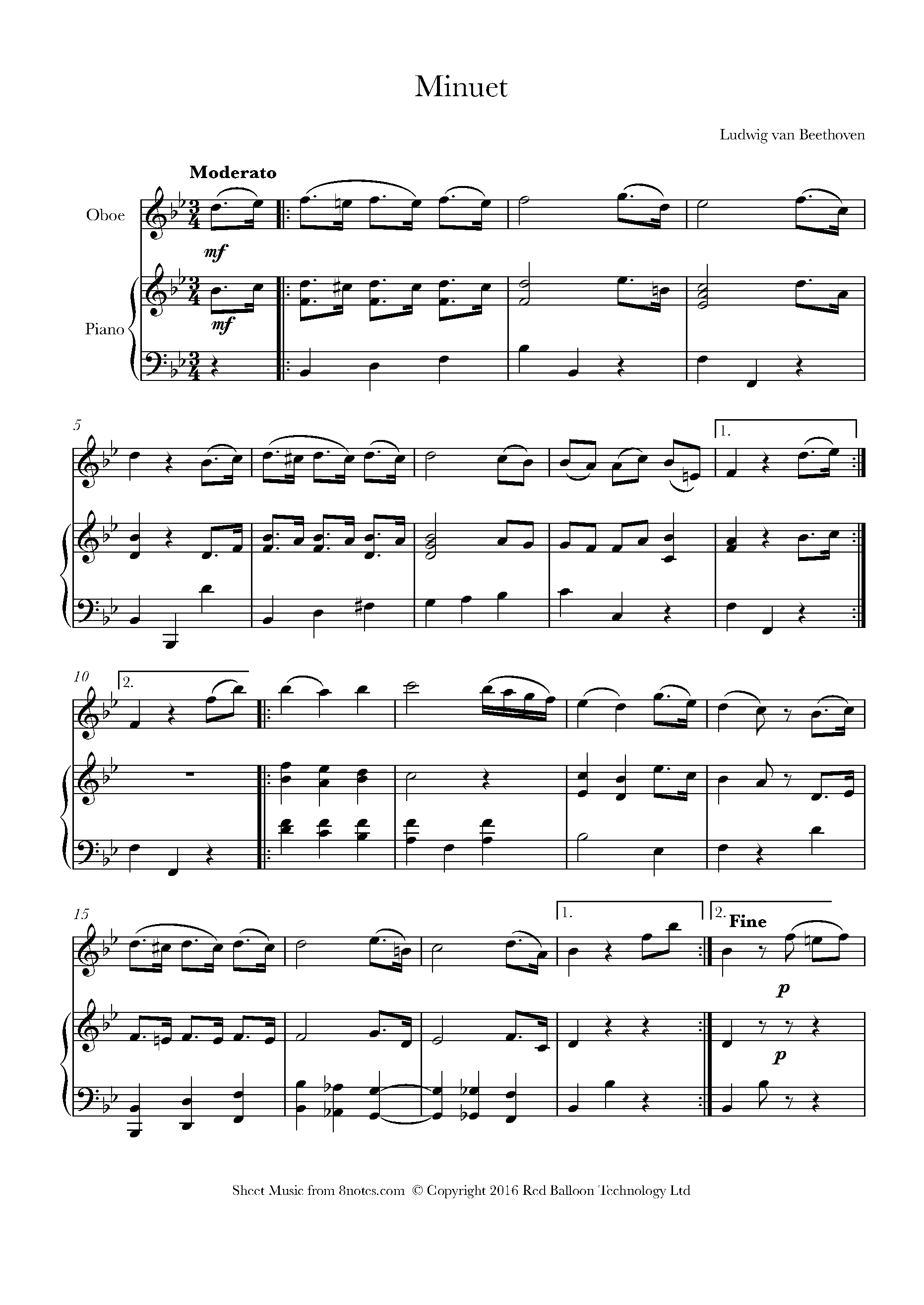 Beethoven - Minuet in G Sheet music for Oboe - 8notes.com