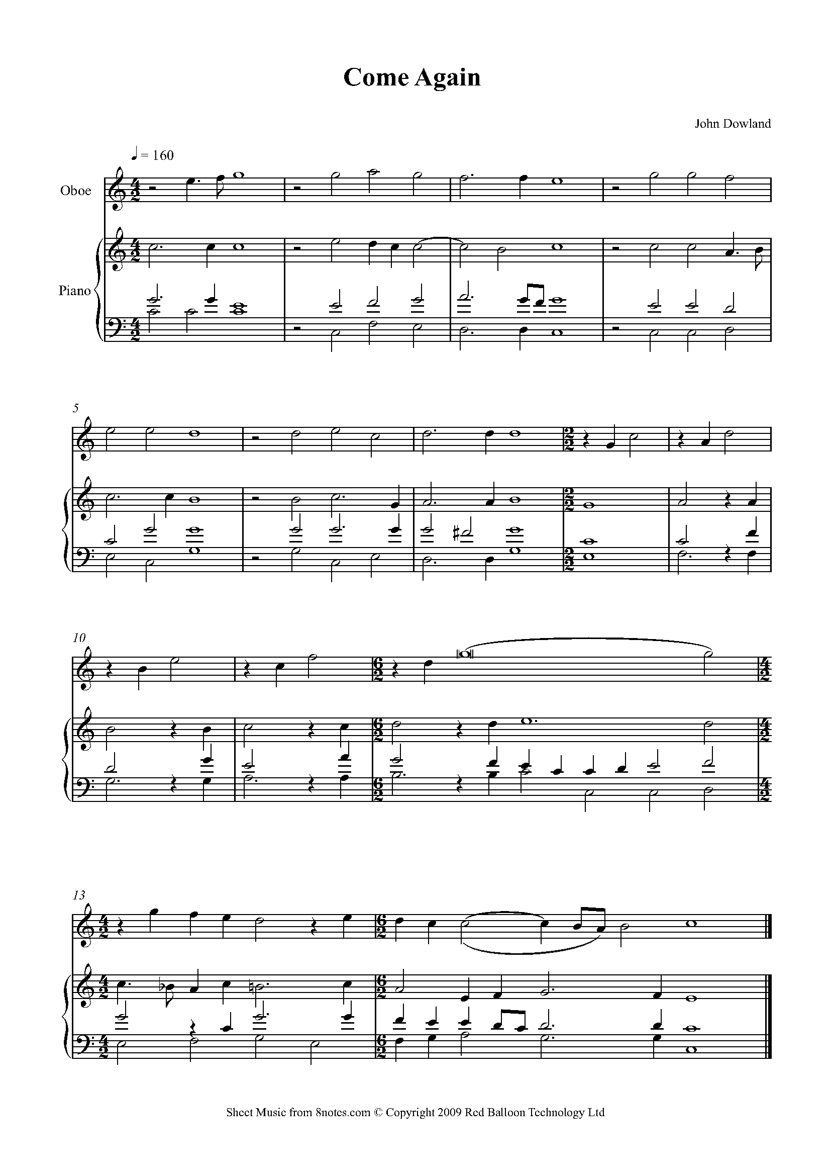 Dowland - Come Again Sheet music for Oboe - 8notes.com