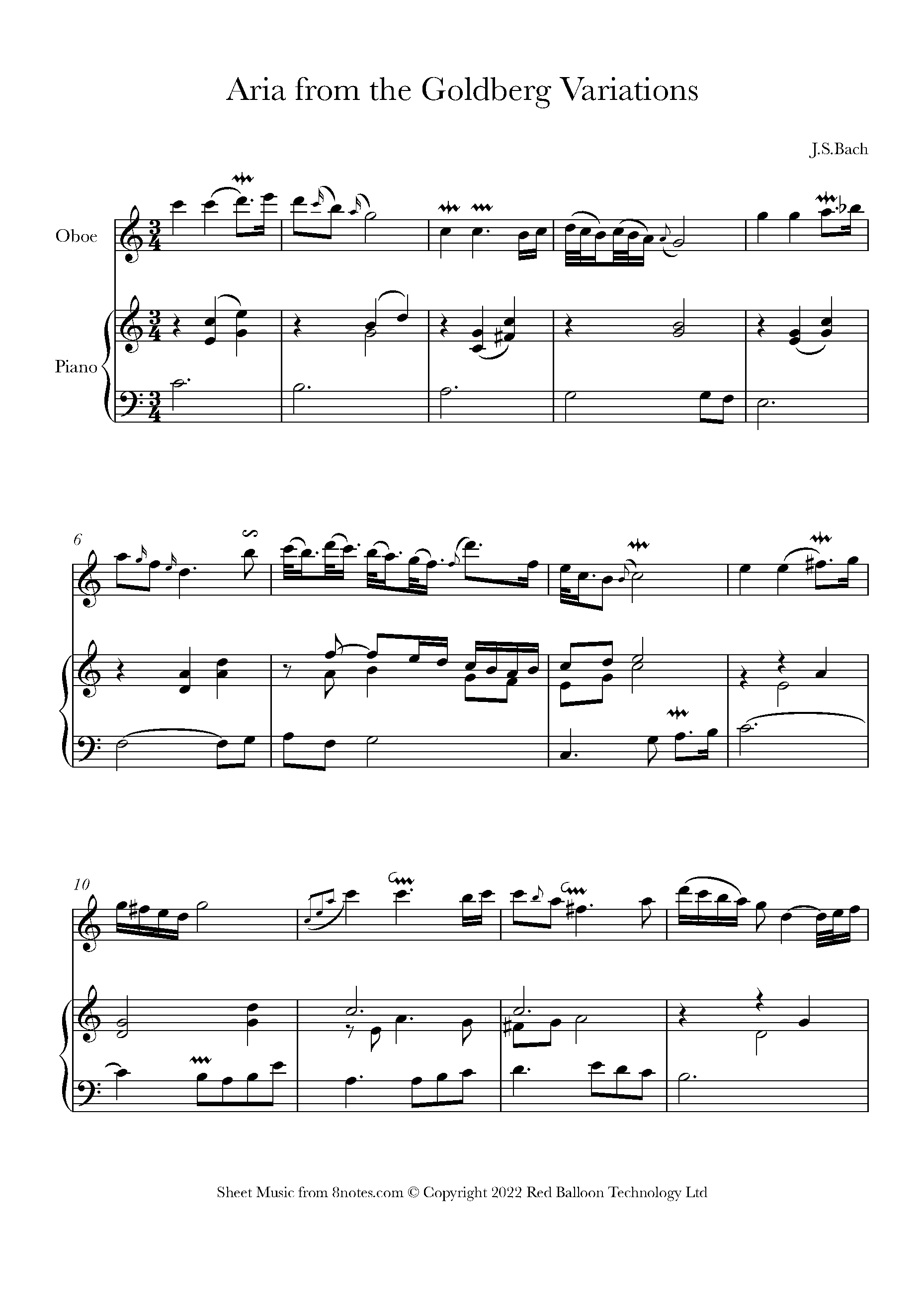 Bach - Aria from Goldberg Variations Sheet music for Oboe - 8notes.com