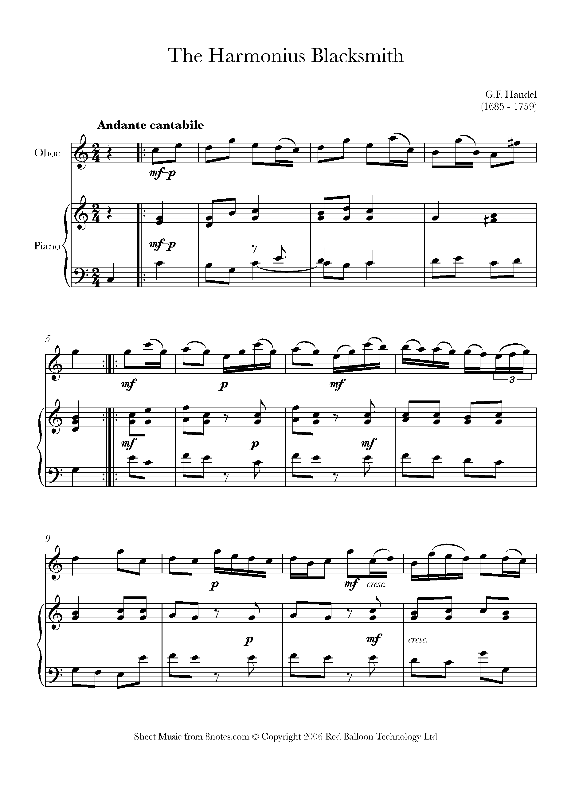 Handel - Harmonius Blacksmith Sheet music for Oboe - 8notes.com