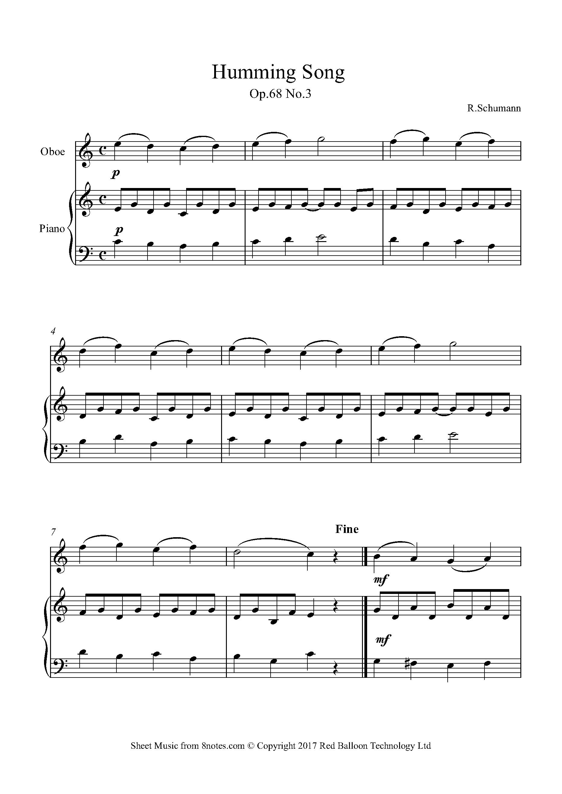 Schumann - Humming Song Op 68 No 3 (from Album for the Young) Sheet ...
