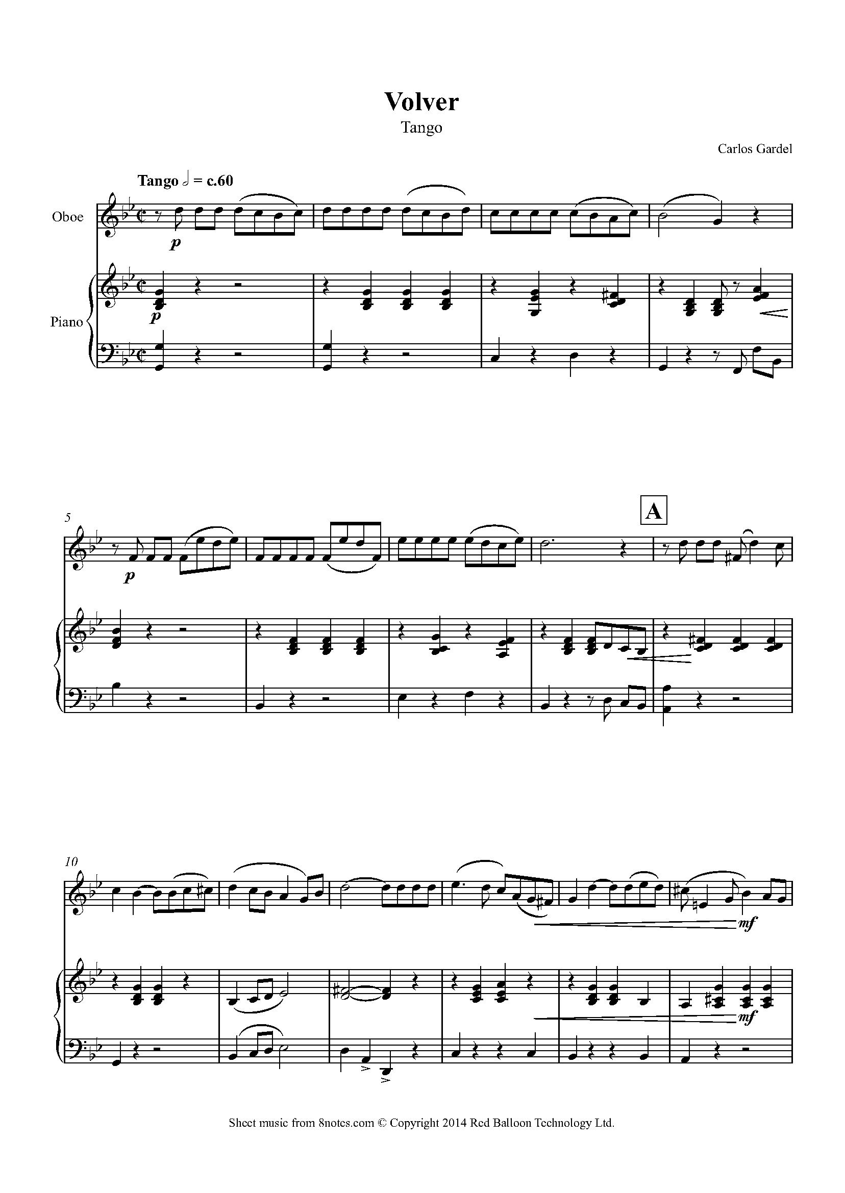 Carlos Gardel - Volver (Tango) Sheet music for Oboe - 8notes.com