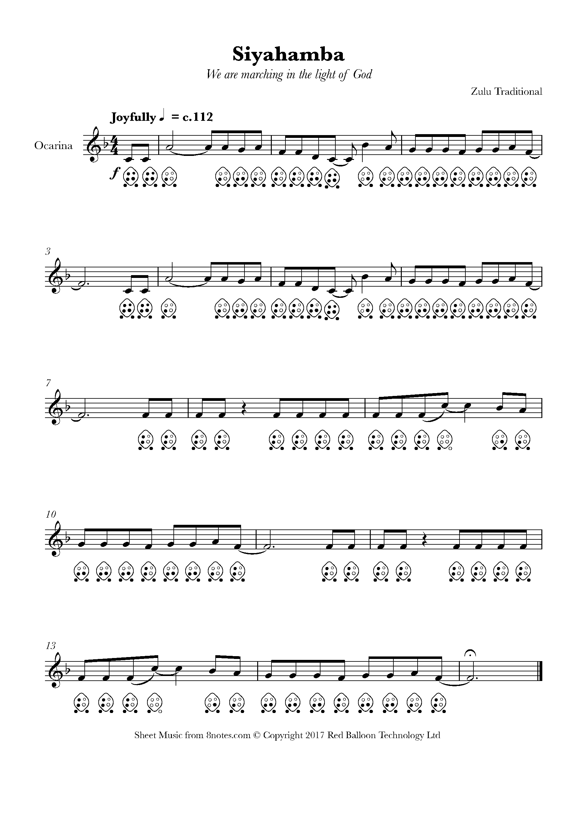 Siyahamba (Zulu Traditional) Sheet music for Ocarina - Six Hole ...