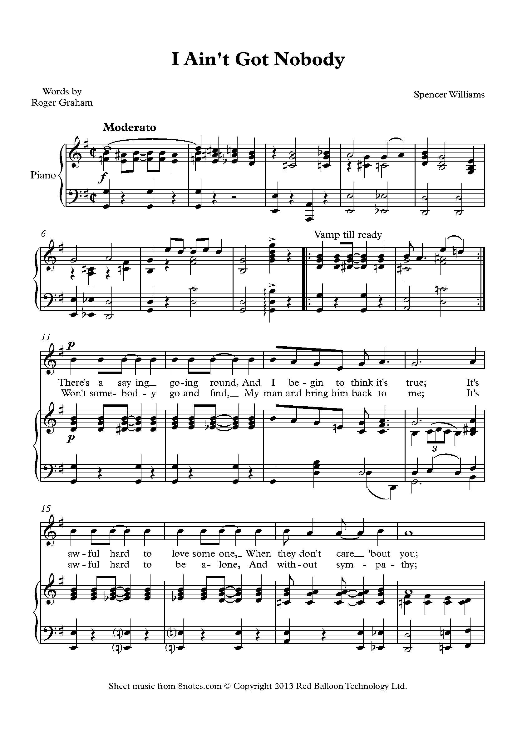 Spencer Williams - I ain't got nobody Sheet music for Piano - 8notes.com