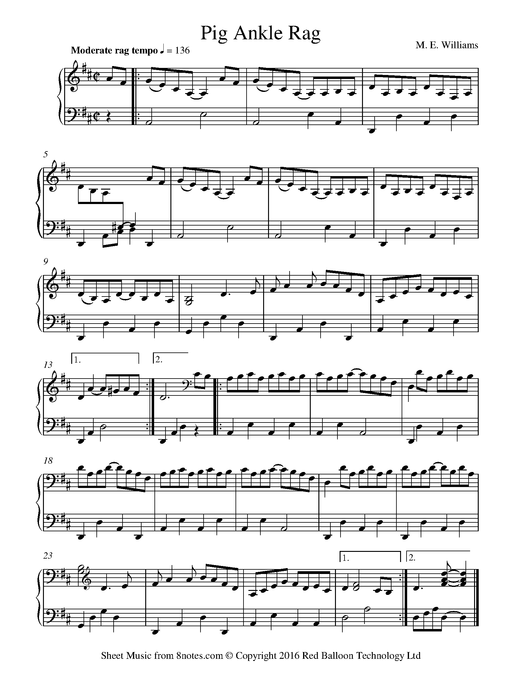 M. E. Williams - Pig Ankle Rag Sheet music for Piano - 8notes.com