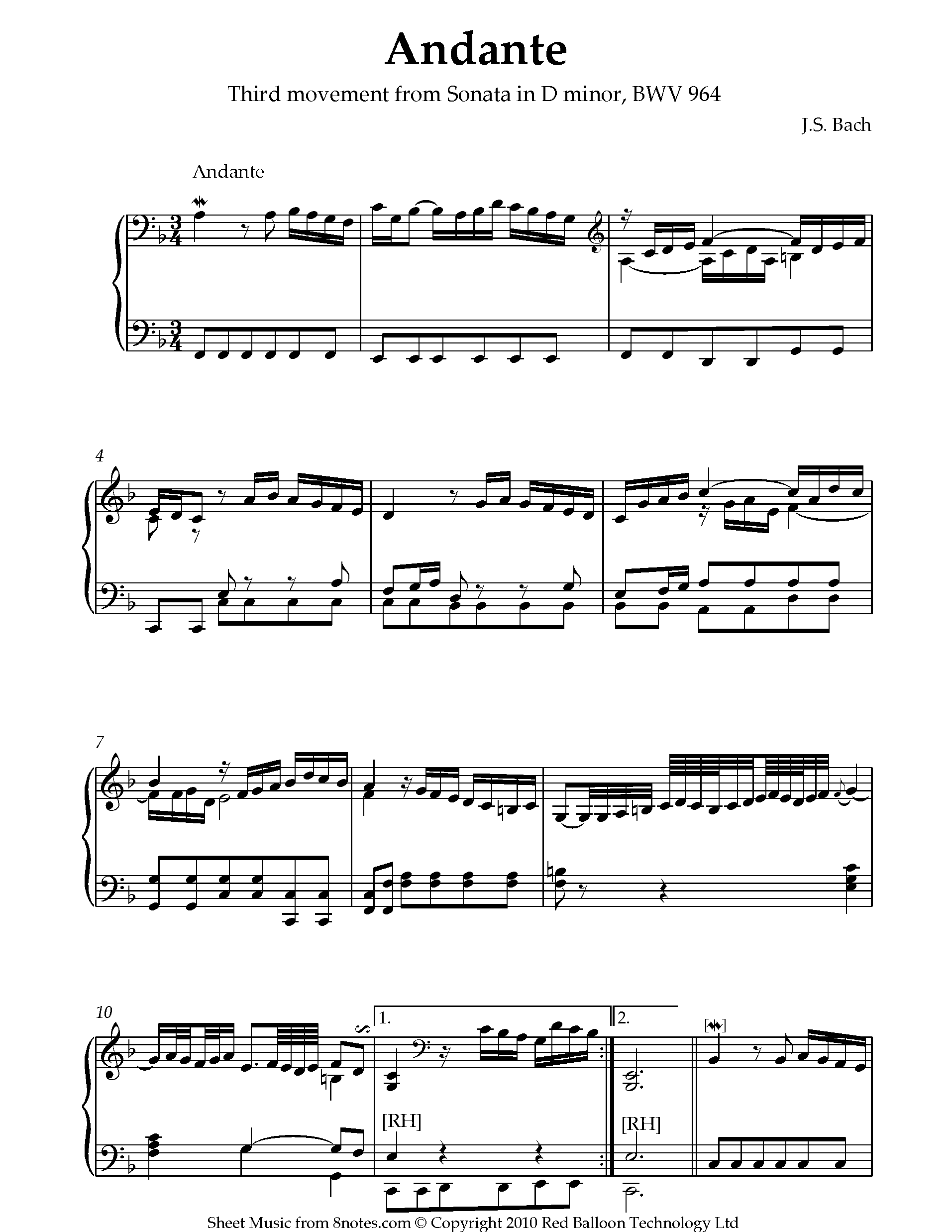 Bach - Andante - Third movement from Sonata in D minor, BWV 964 Sheet ...