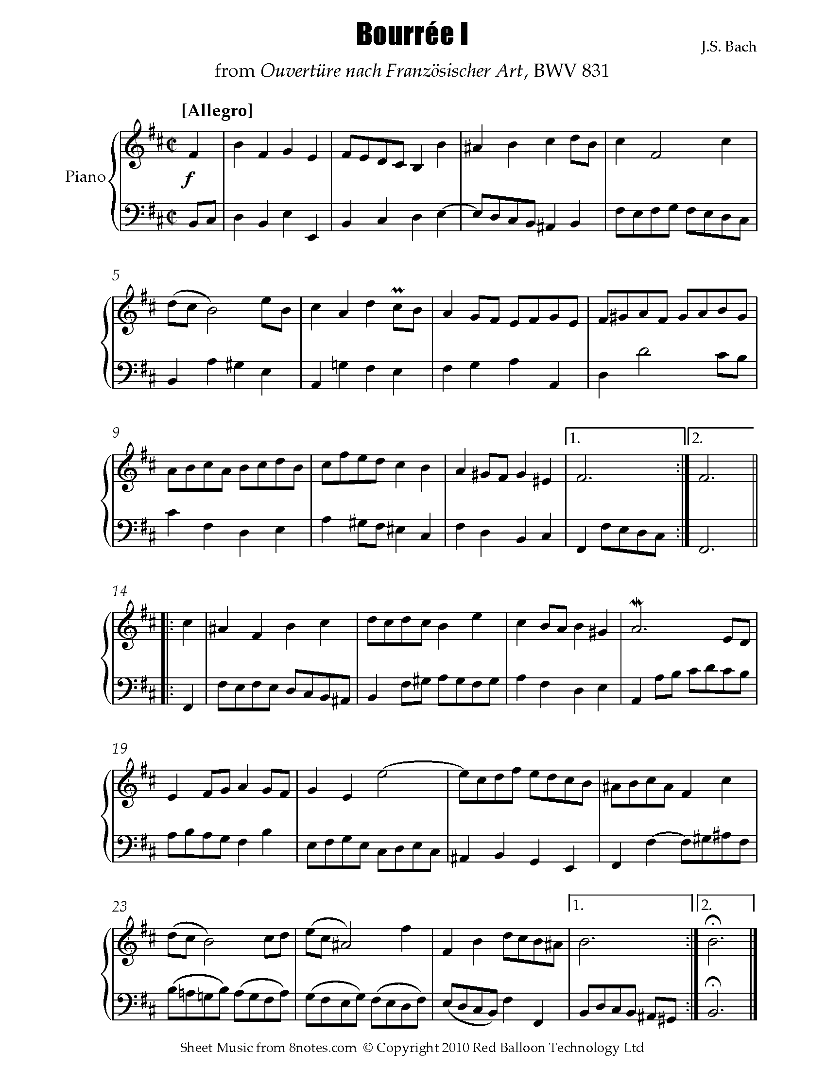 Bach - Bourree I from Ouverture nach Franzosischer Art, BWV 831 Sheet ...