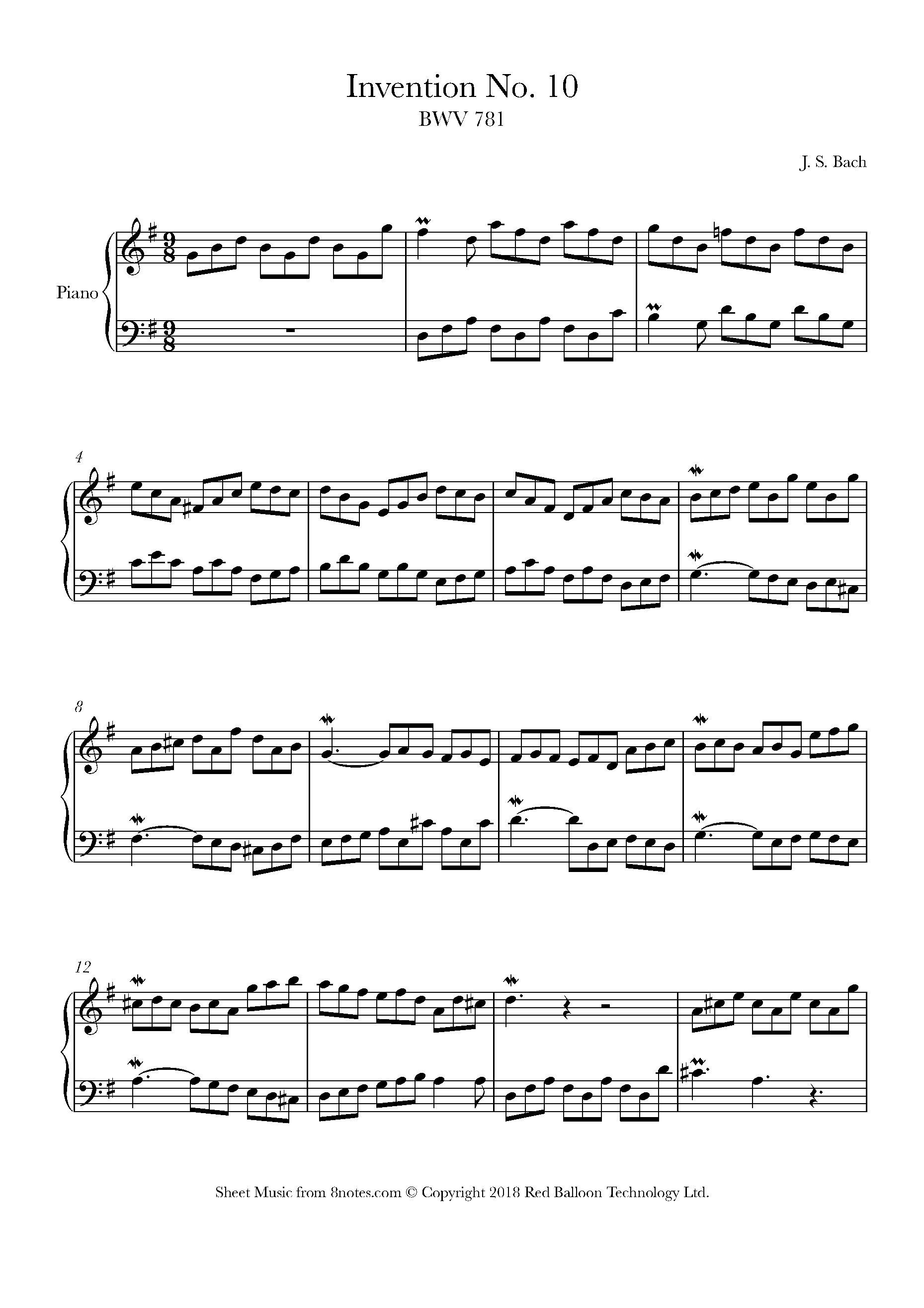 Bach - Invention No. 10 in G major BWV 781 Sheet music for Piano ...