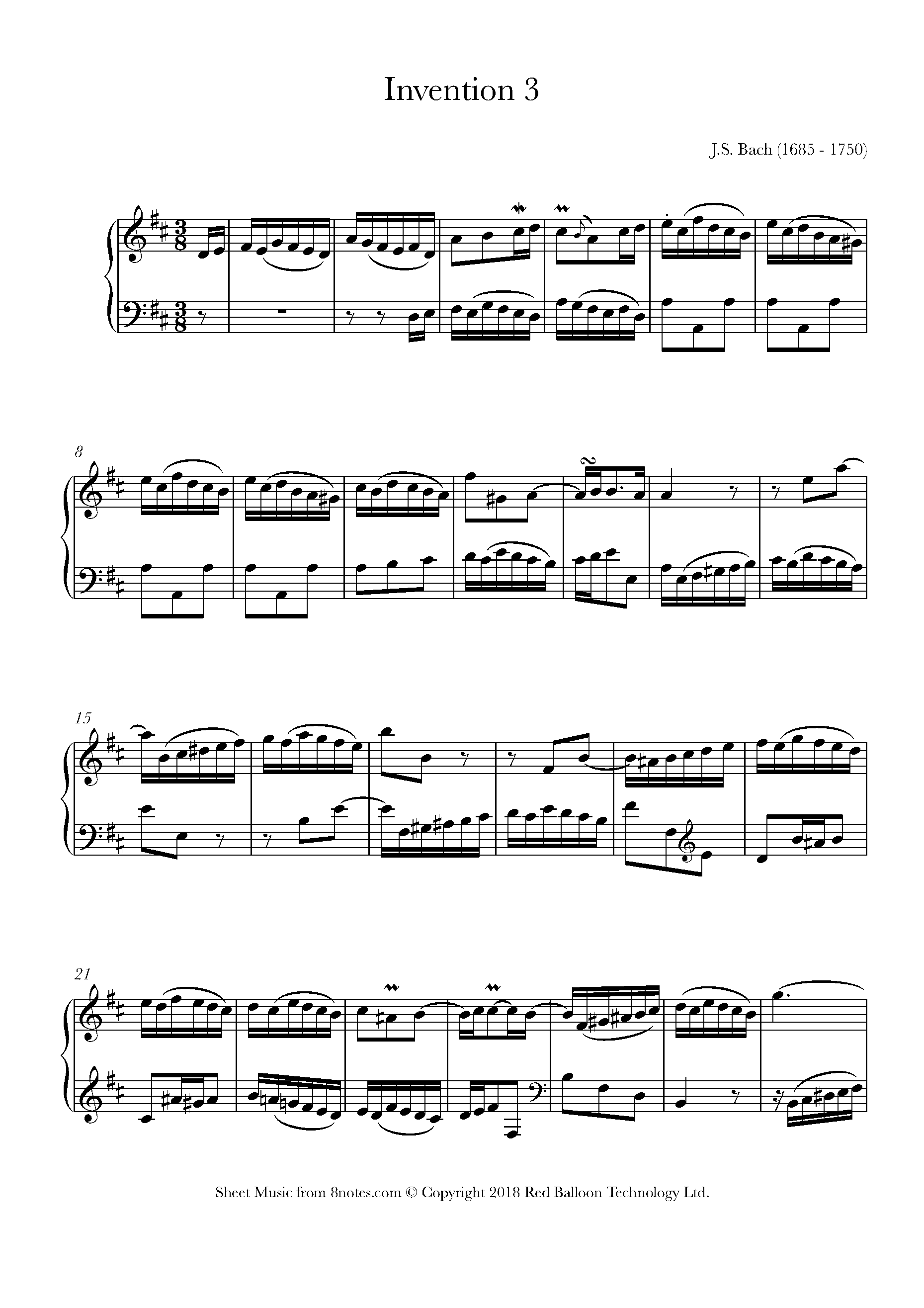 Bach - Invention No. 3 in D major BWV 774 Sheet music for Piano ...