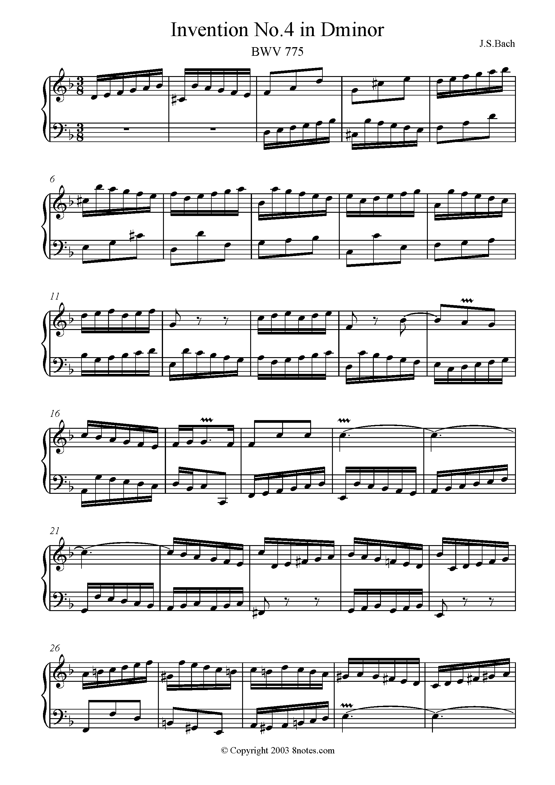Bach - Invention No.4 in D minor BWV 775 Sheet music for Piano - 8notes.com
